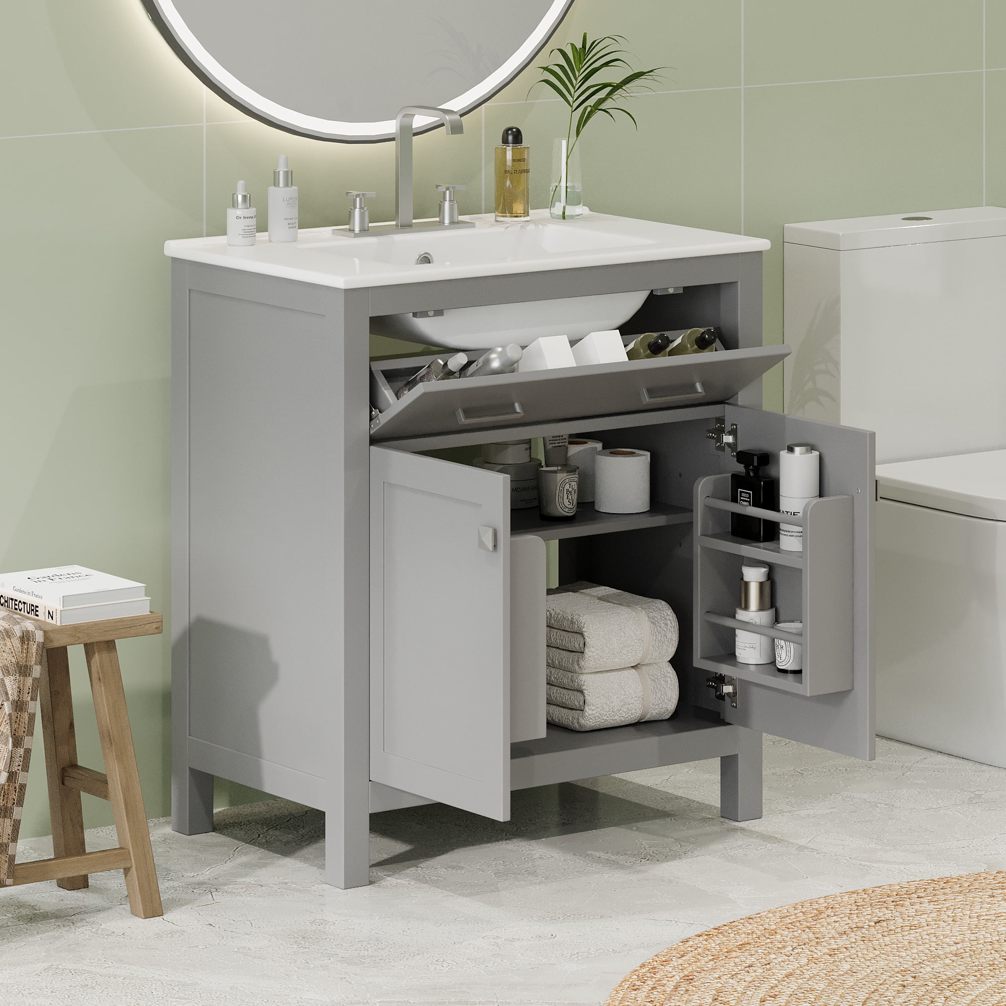 Euroco 30" Bathroom Vanity with Ceramic Sink – Solid Wood Frame, Soft ...