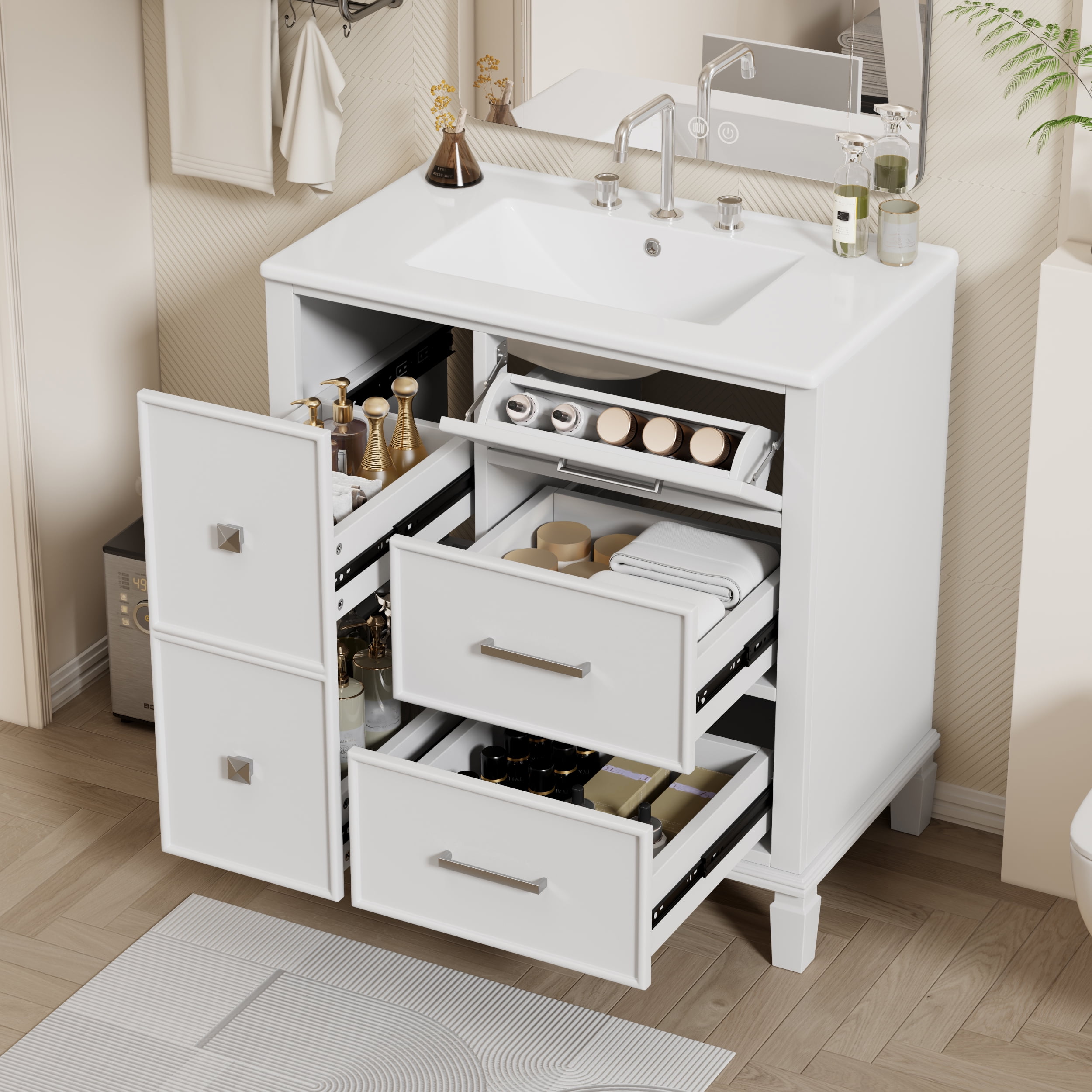 Euroco 30" Freestanding Bathroom Vanity with Flip-Out Drawer and ...