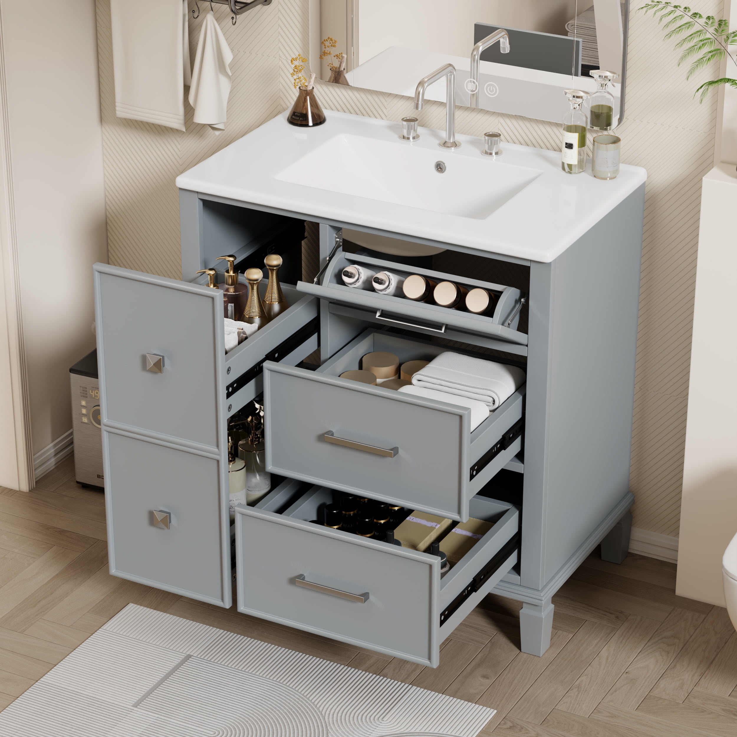 Euroco 30" Freestanding Bathroom Vanity with Flip-Out Drawer and ...
