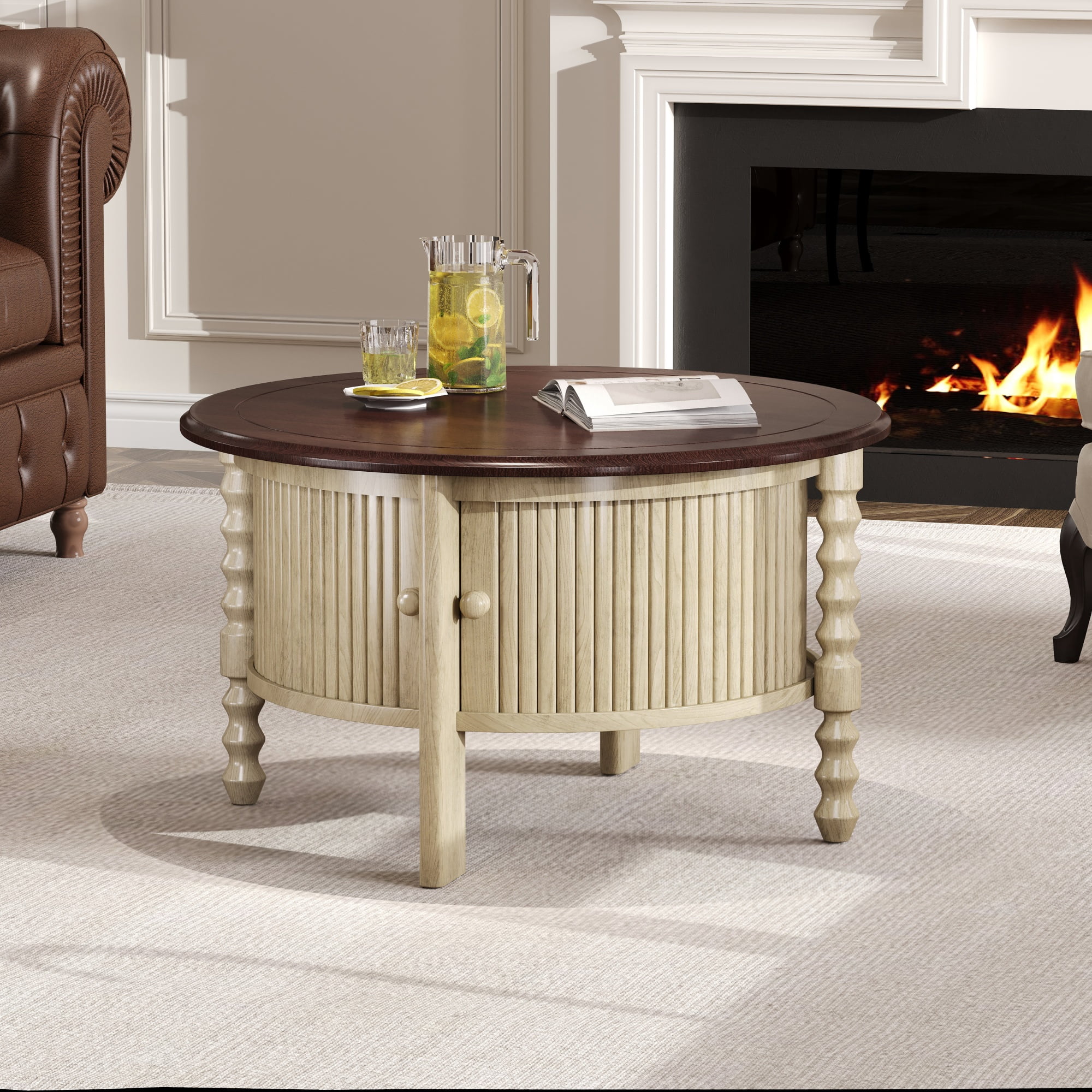 Euroco 30" Mid-Century Modern Round Coffee Table with Sliding Door ...