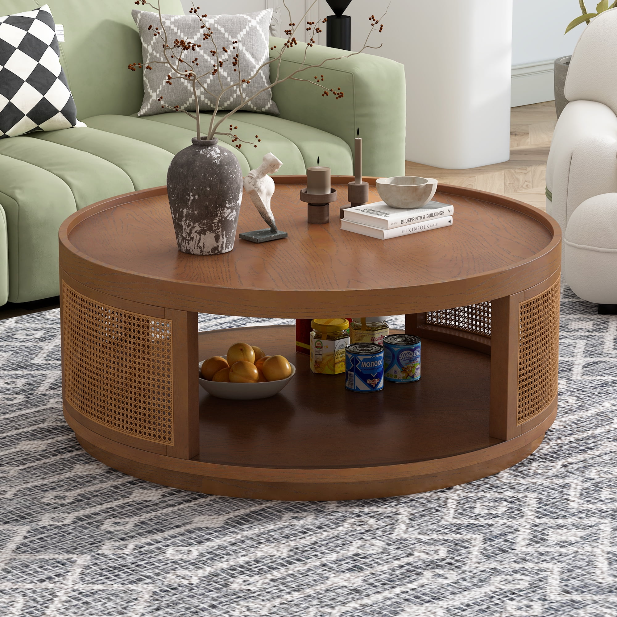 Euroco 36.8'' Wooden Mid-Century Modern Coffee Table, Round Cane Coffee ...