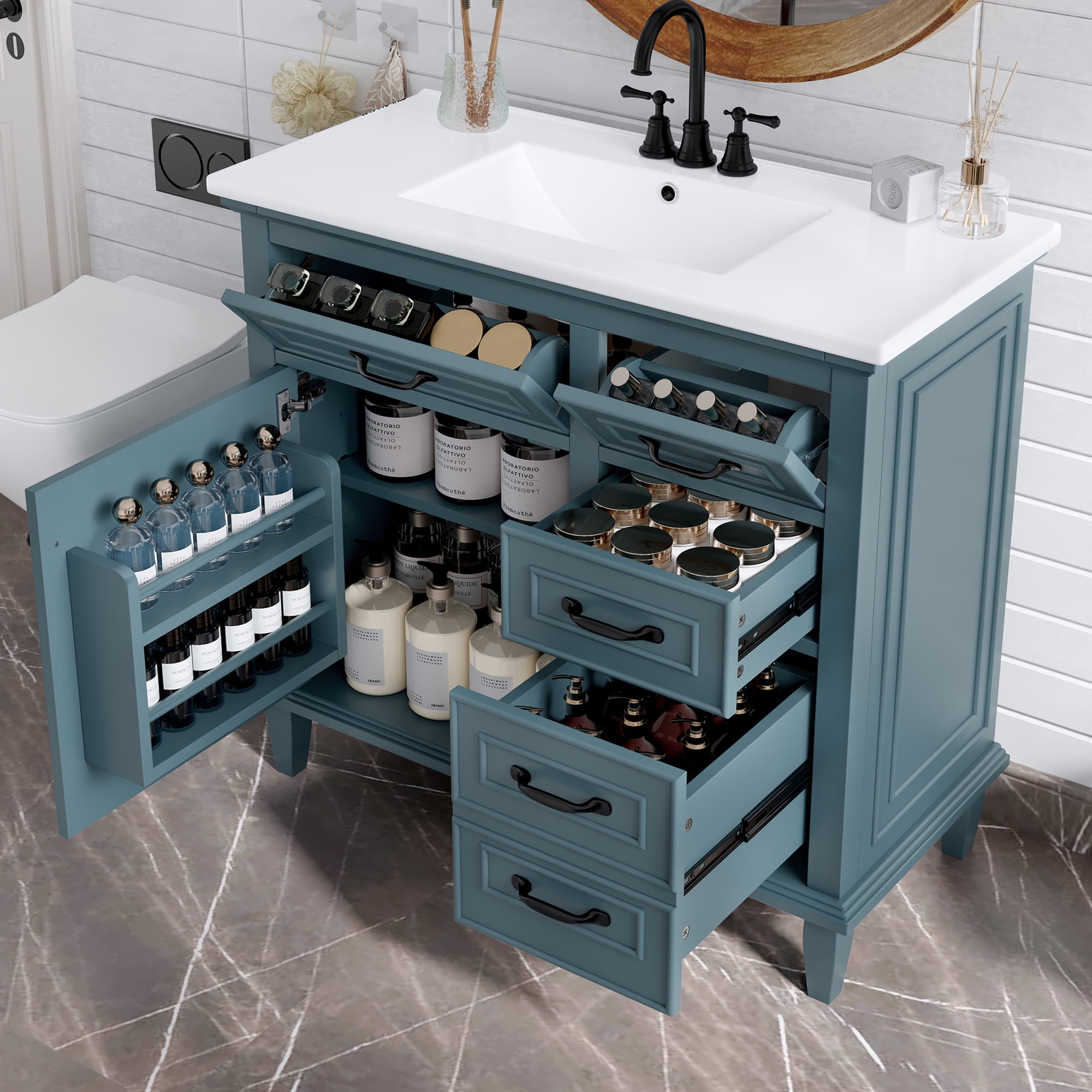 Euroco 36 Inch Bathroom Vanity with Ceramic Sink Top, Solid Wood Frame ...