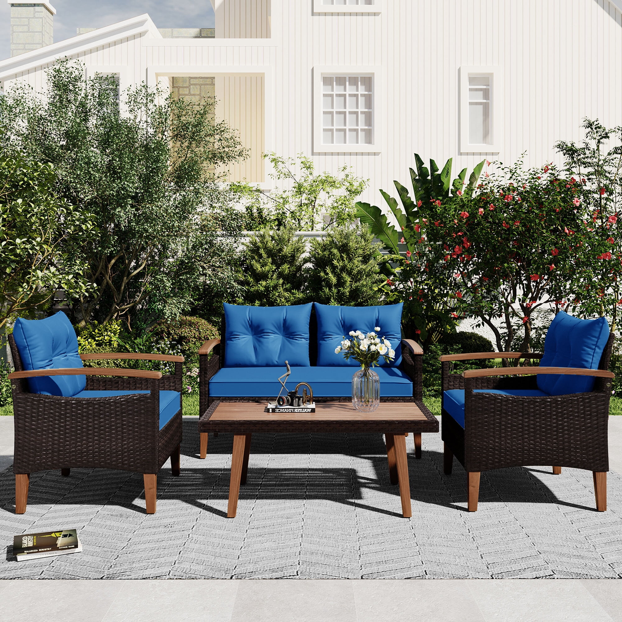 Euroco 4 Piece Conversation Set, Patio Seating Set with Wood End Table ...