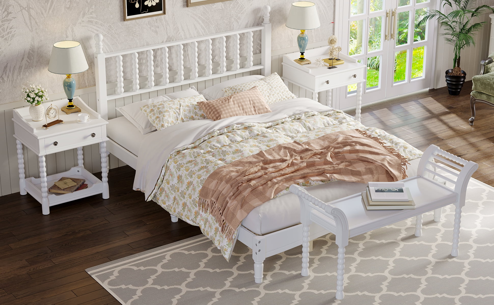 Euroco 4-Pieces Bedroom Set, Queen size Platfrom Bed with Bench and 2 ...
