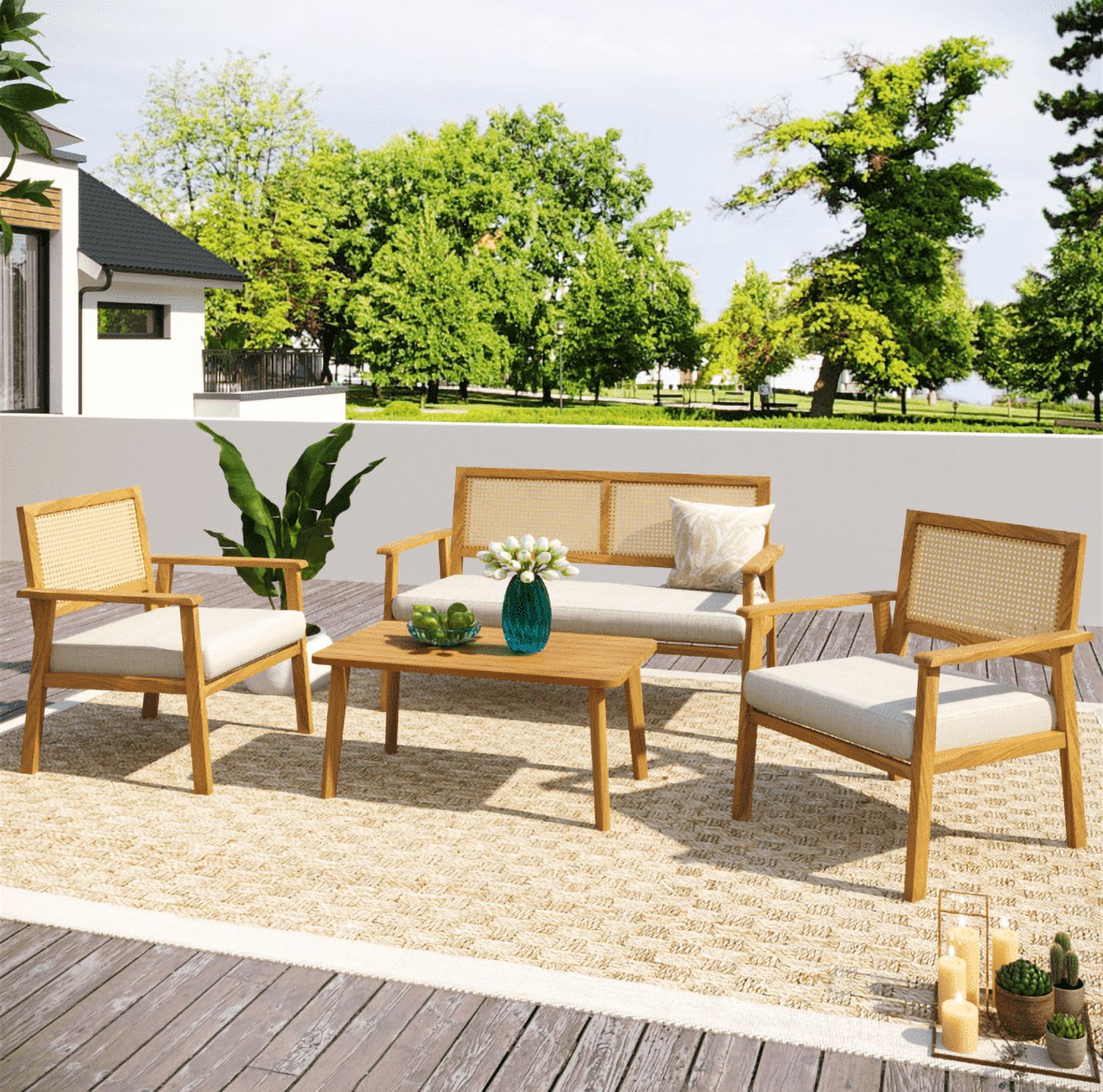 Euroco 4-piece Acacia Wood Sofa Set, Outdoor Seating Set, Backrest With ...