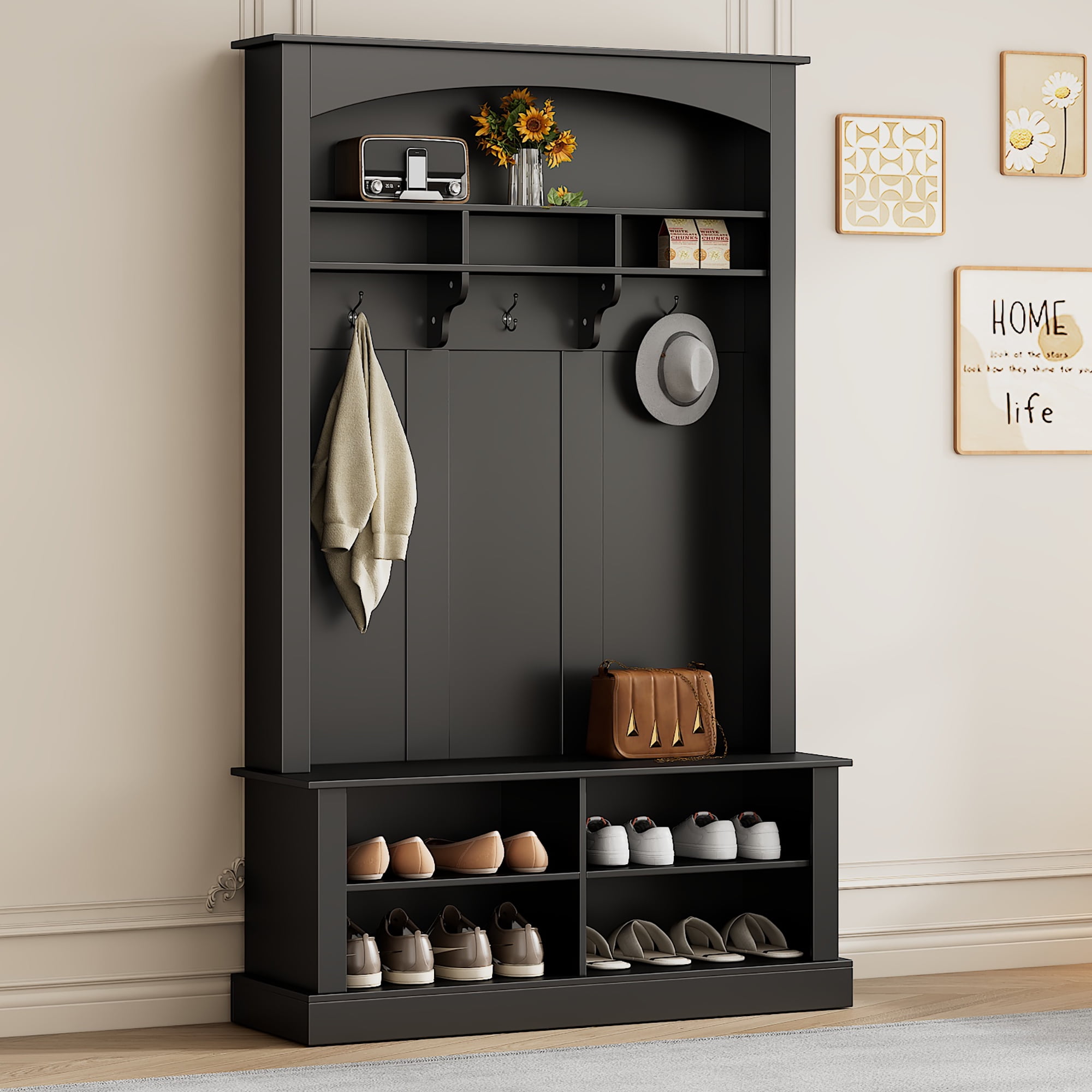 Euroco 47.2'' Wide Hall Tree, Multi-functional Storage Bench with 3 ...