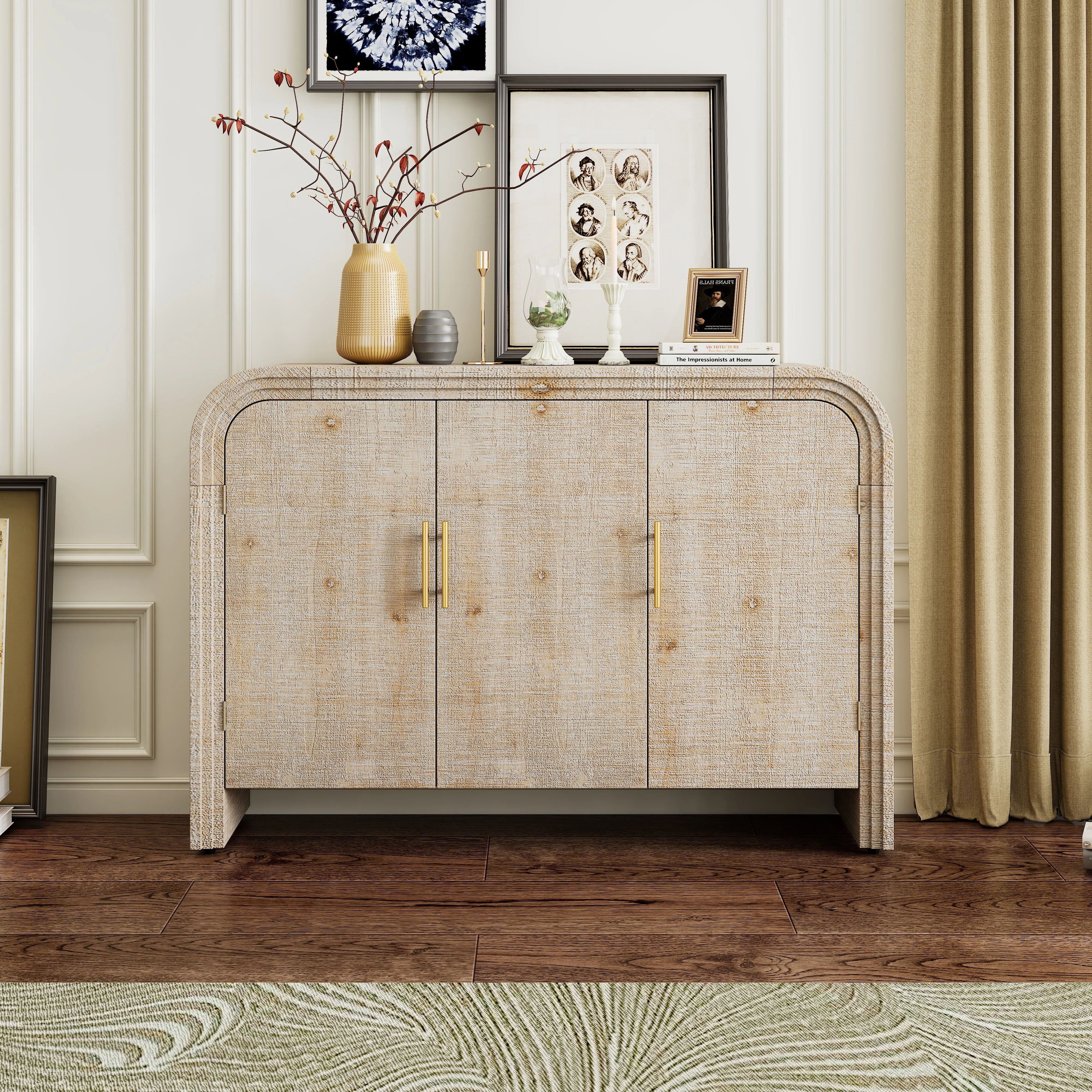 Euroco 47" Retro Minimalist Curved Sideboard with Storage, Wood Buffet ...