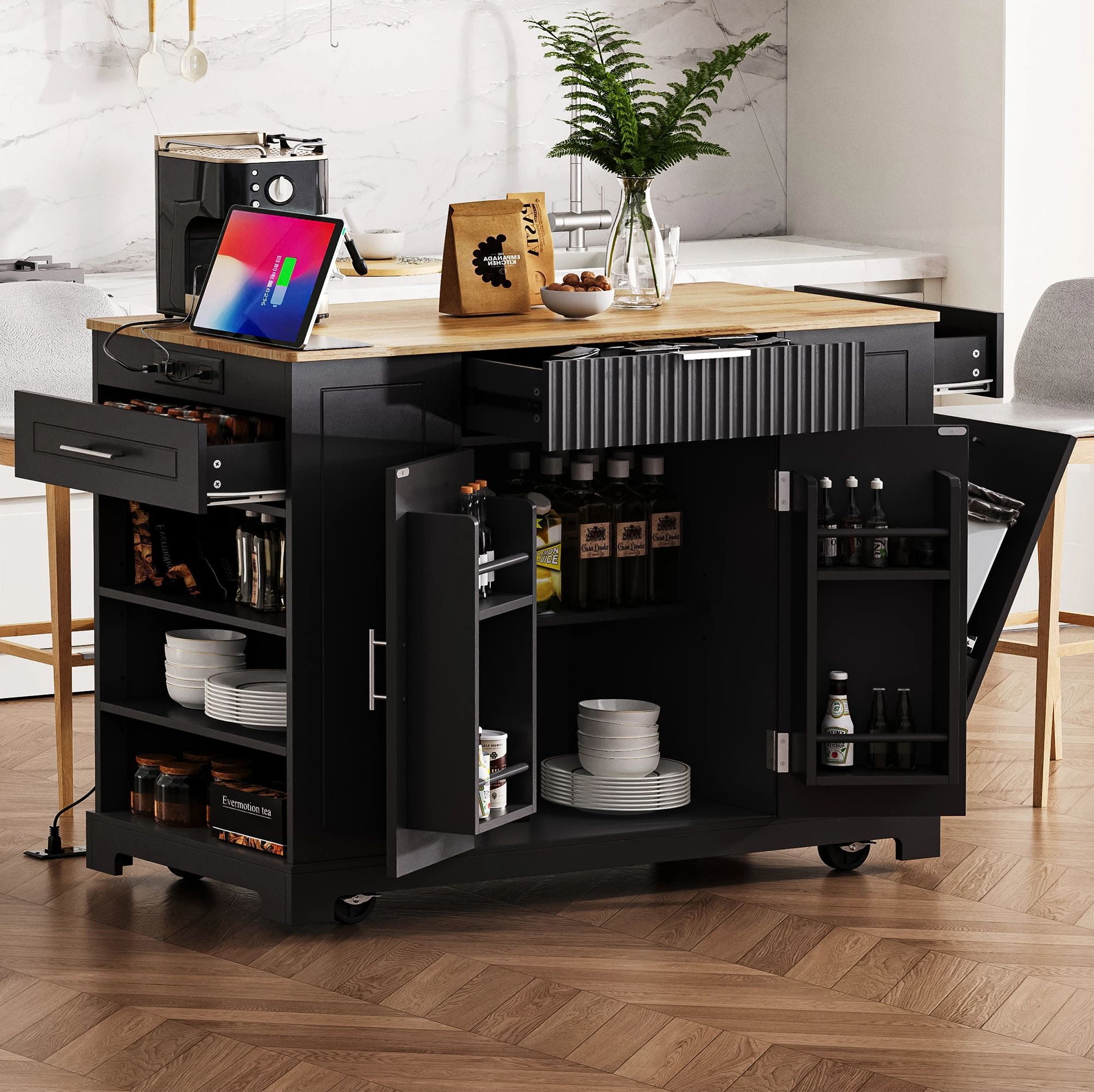 Euroco 48.5" Rolling Kitchen Island with Power Outlet, Large Kitchen ...