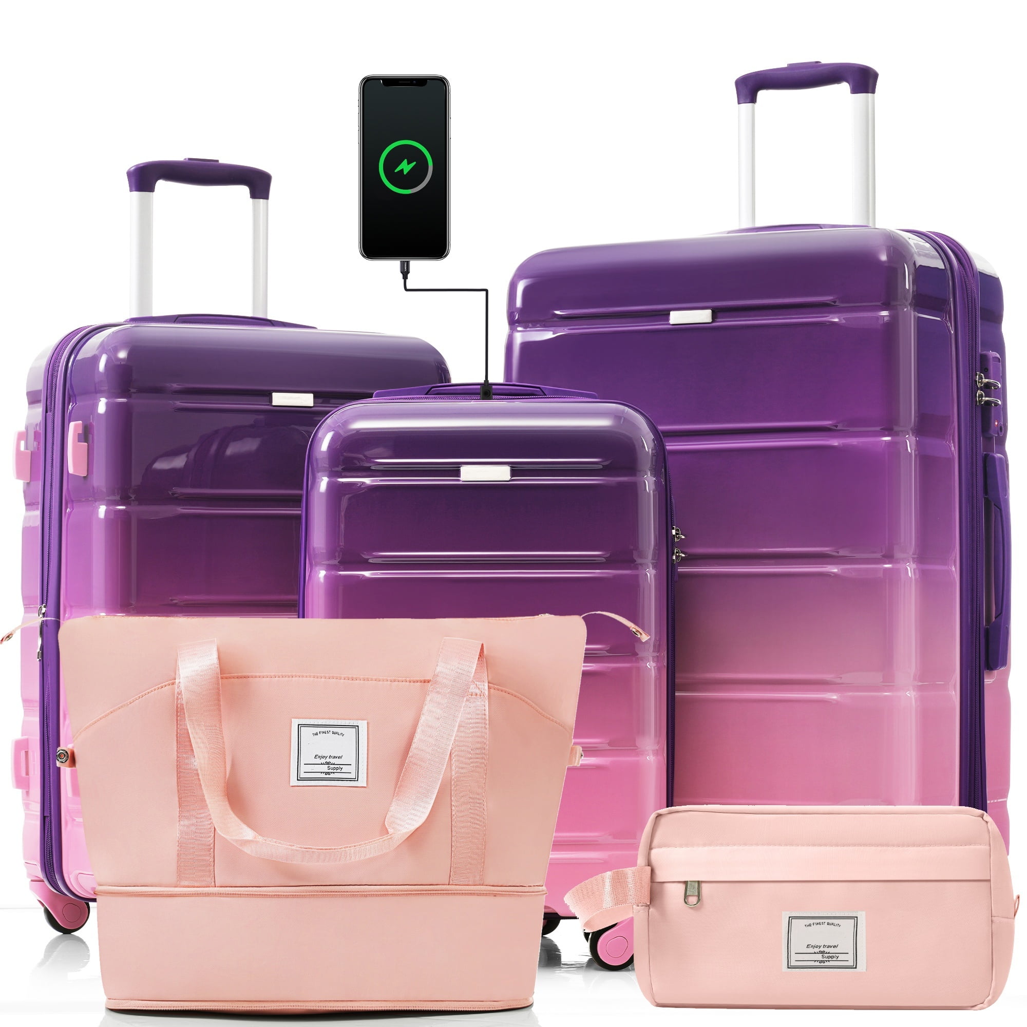 Euroco 5 Piece Luggage Sets, 20" Carry-on Suitcase with USB Port ,Cup ...