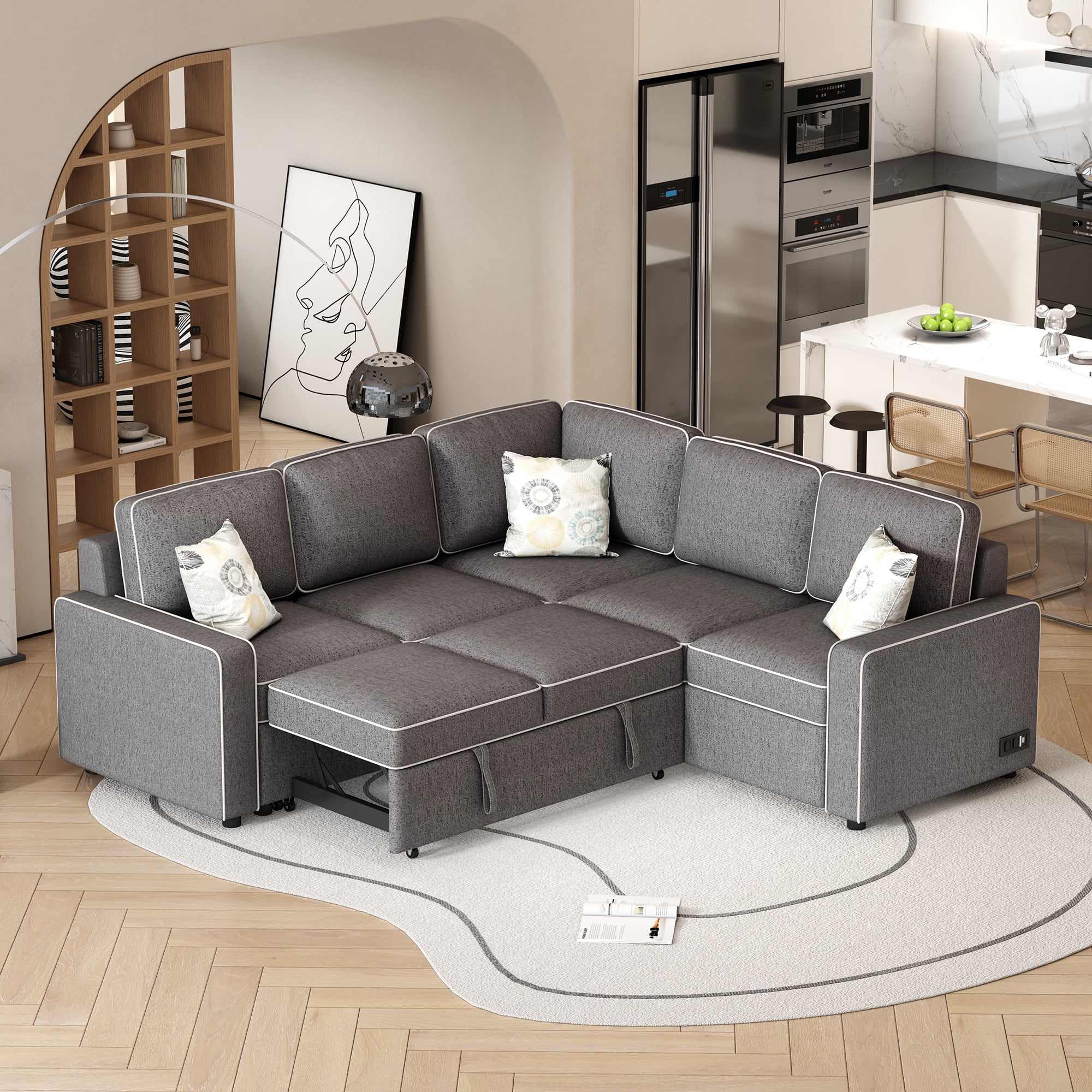 Euroco 5 Seat Pull Out Sofa Bed L-Shaped Sofa with 2 USB Ports, Sockets ...