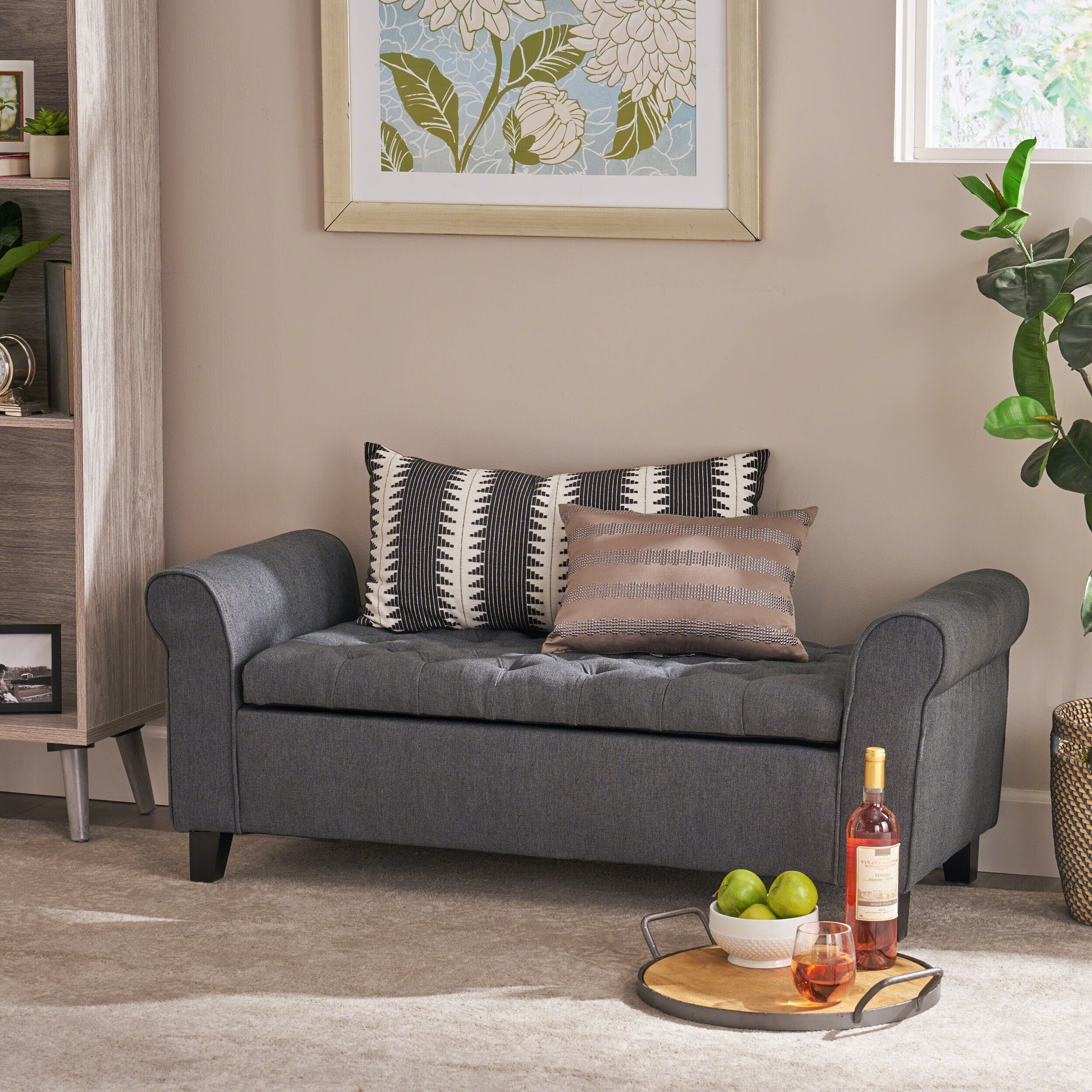 Euroco 50" Fabric Armed Storage Bench, Modern Upholstered Padded ...