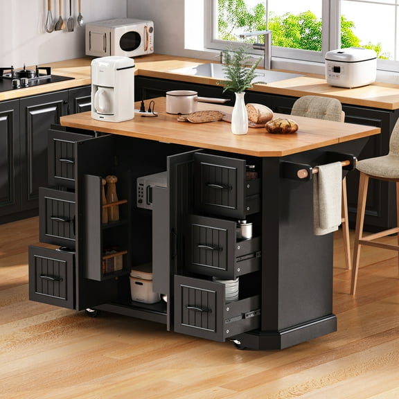 56 inch Wood Kitchen Island with Drop Leaf, Power Outlet, Embossed ...