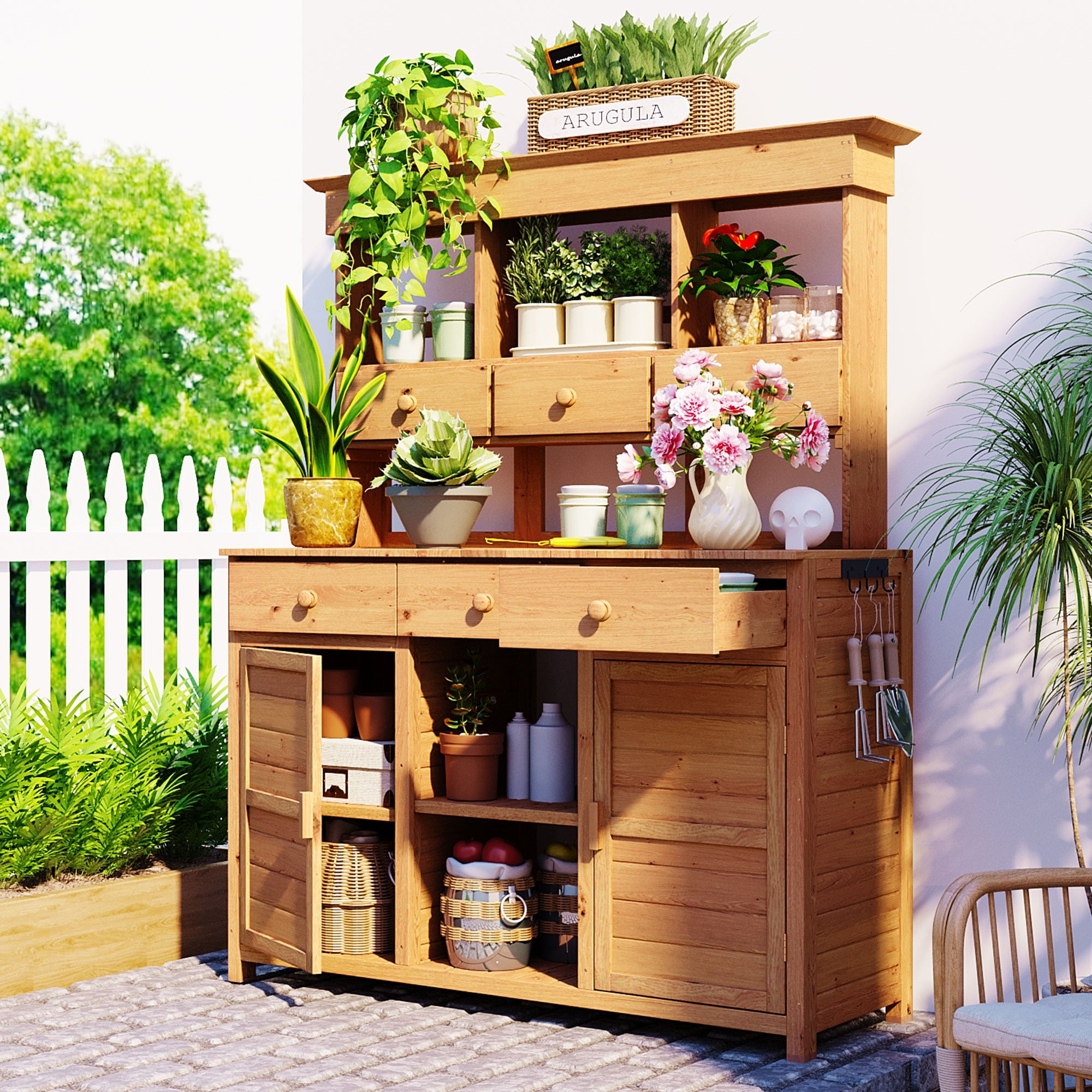 Euroco 65.7' Tall Garden Potting Bench Table with Hutch, Patio Storage ...