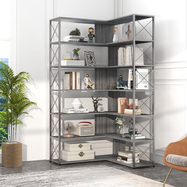 Euroco 7-Tier Bookshelf with Metal Frame, L-Shaped Corner Bookcase with ...