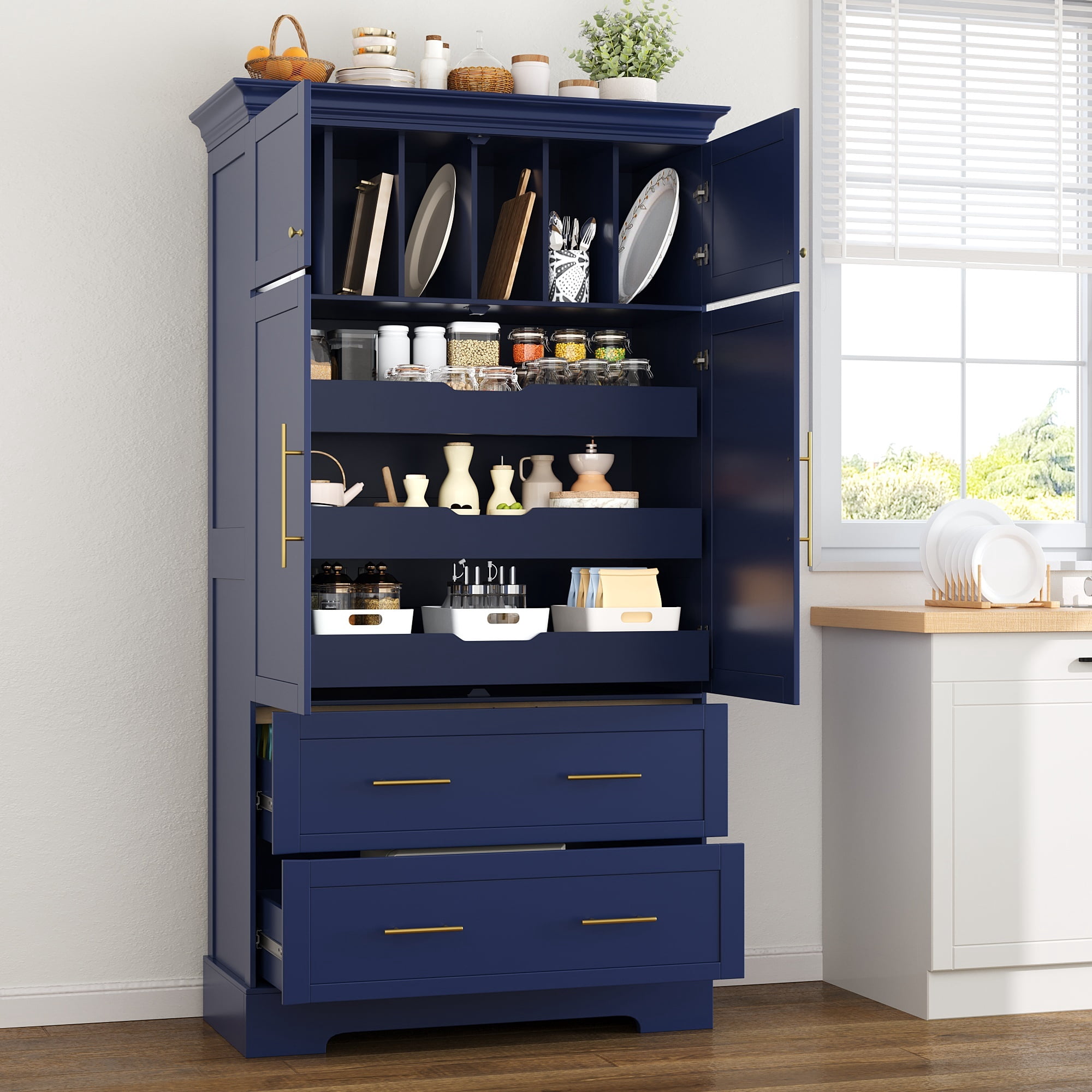 Euroco 72.6" Tall Kitchen Pantry Cabinet, Farmhouse Freestanding Food ...