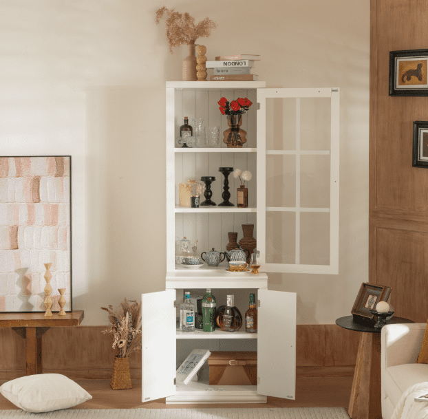 Euroco 75.25'' Tall Freestanding Pantry Cabinet with Glass Door ...