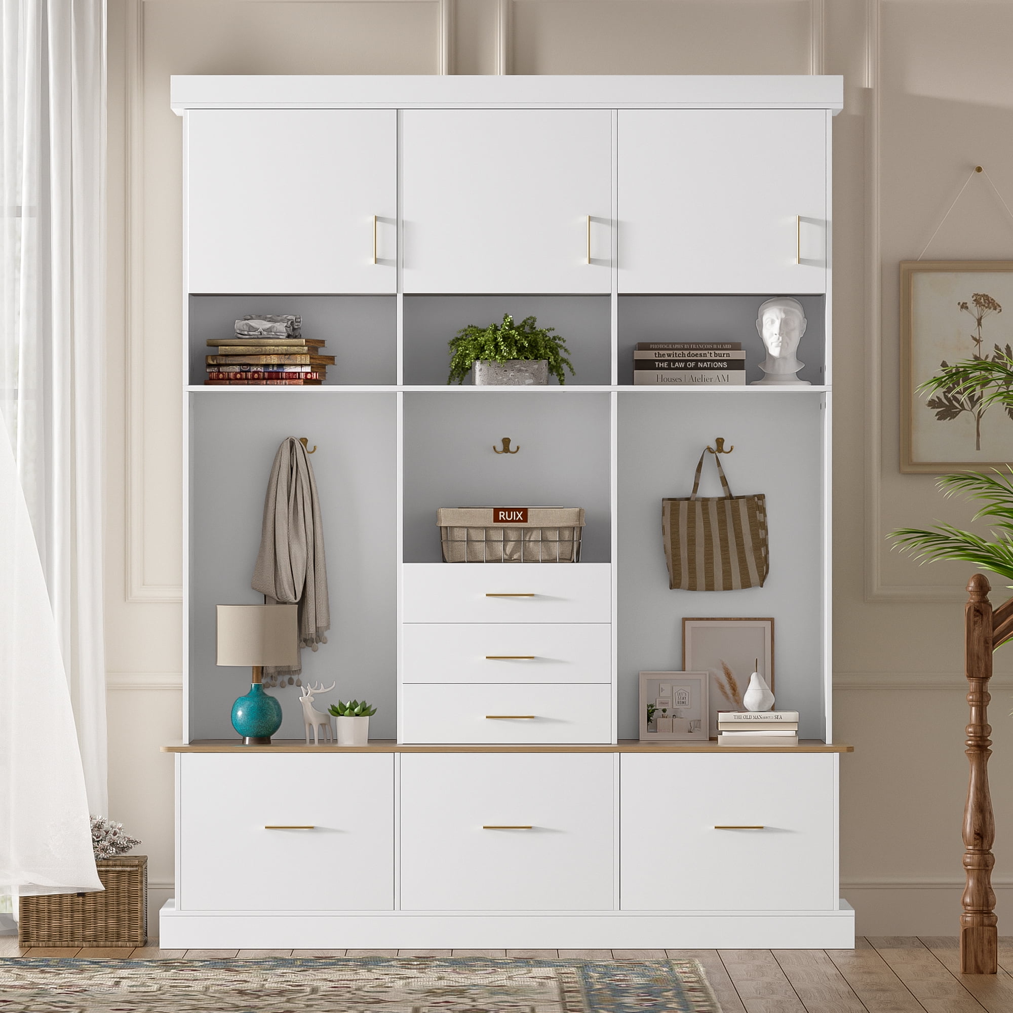 Euroco Entryway Hall Tree with Bench and Storage, 5-in-1 Modern Hall ...
