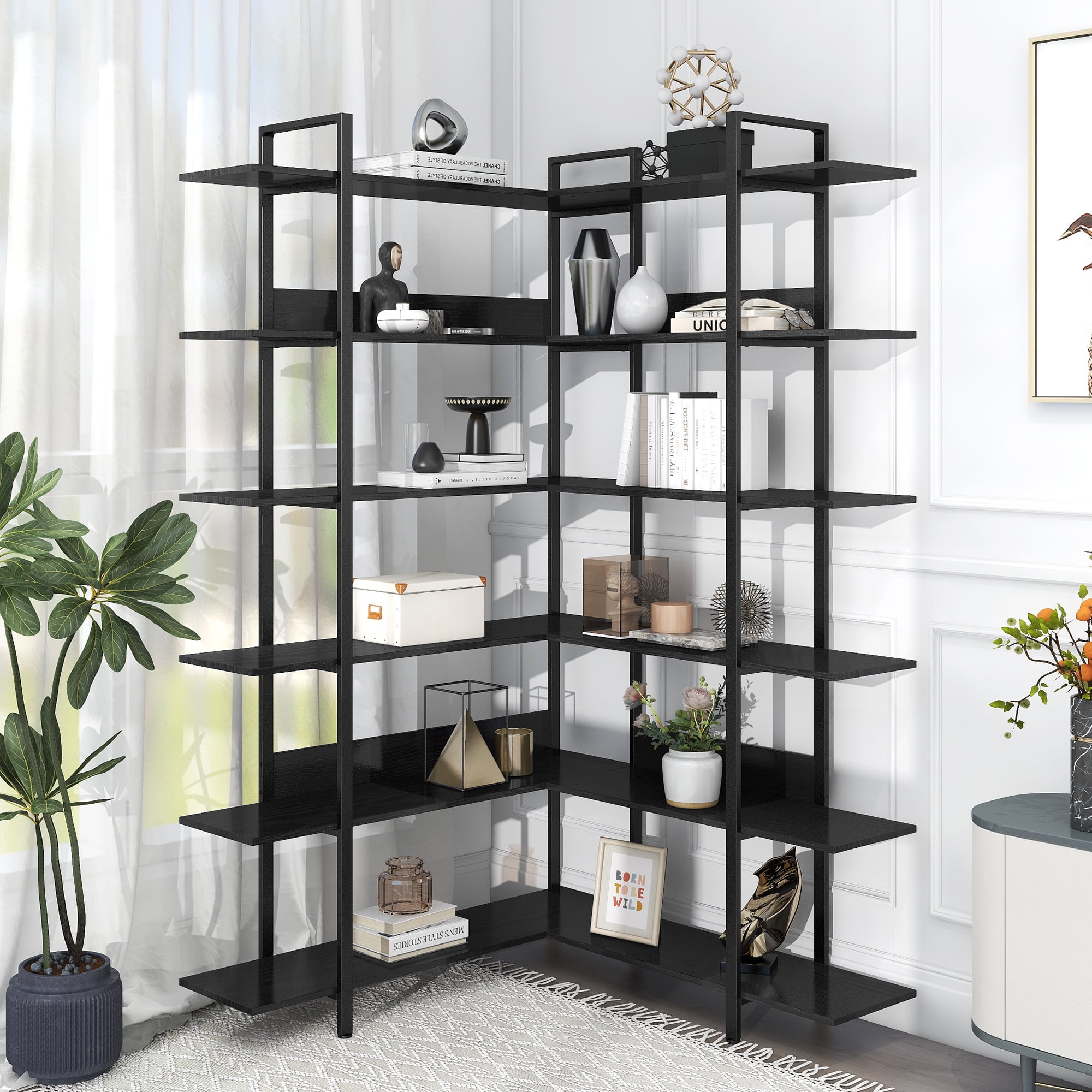 Euroco 75 inch L-shape Bookshelf with Metal Frame, 6-Tier Corner ...