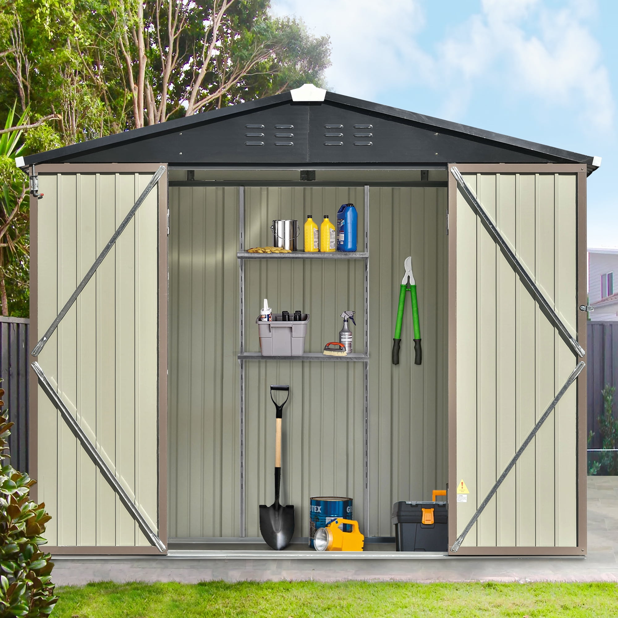 Euroco 8'x6' Outdoor Steel Shed, Lawn Tools Storage, Adjustable Shelves ...