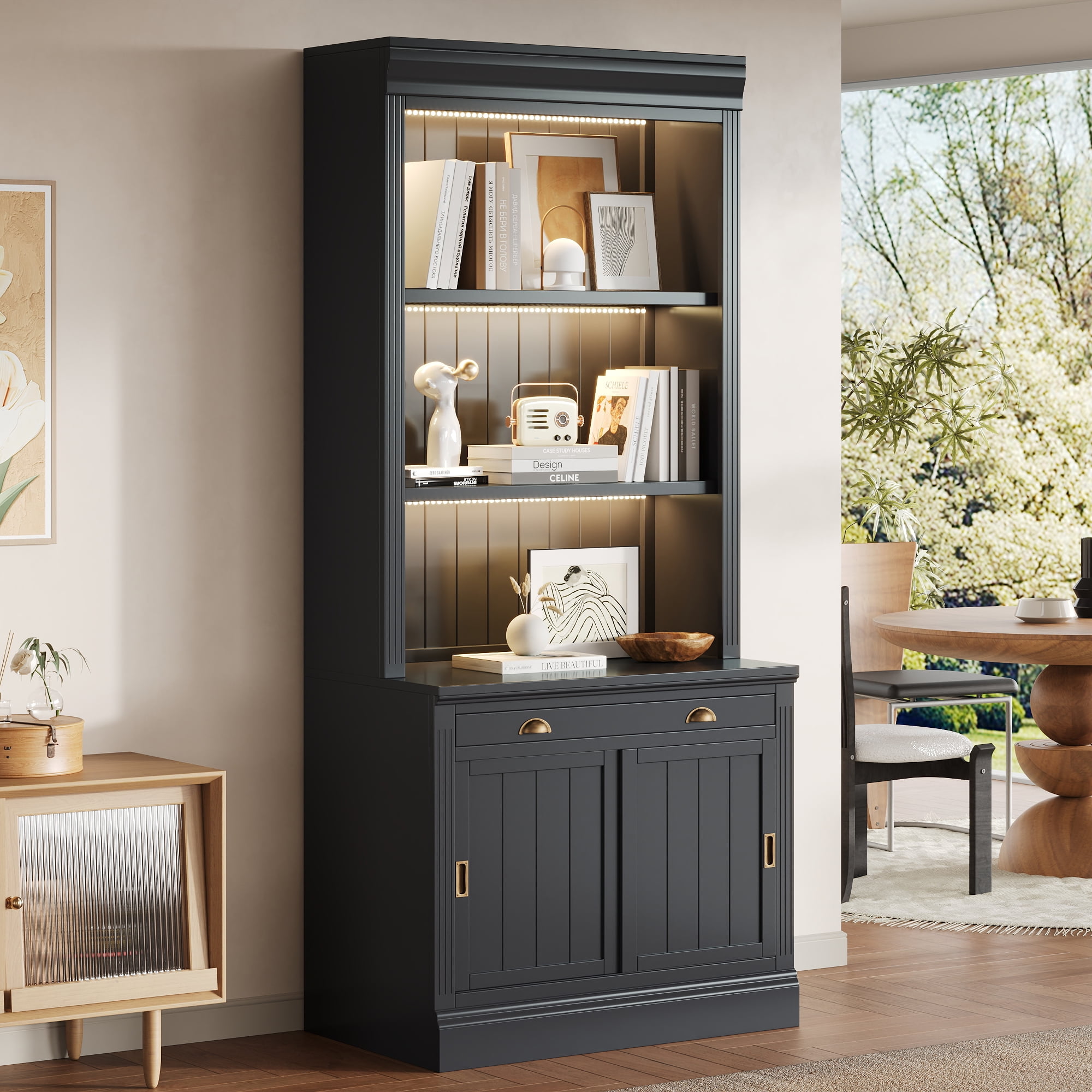 Euroco 83.4"Tall Euroco Bookshelf with with 3 pieces LED Lighting ...
