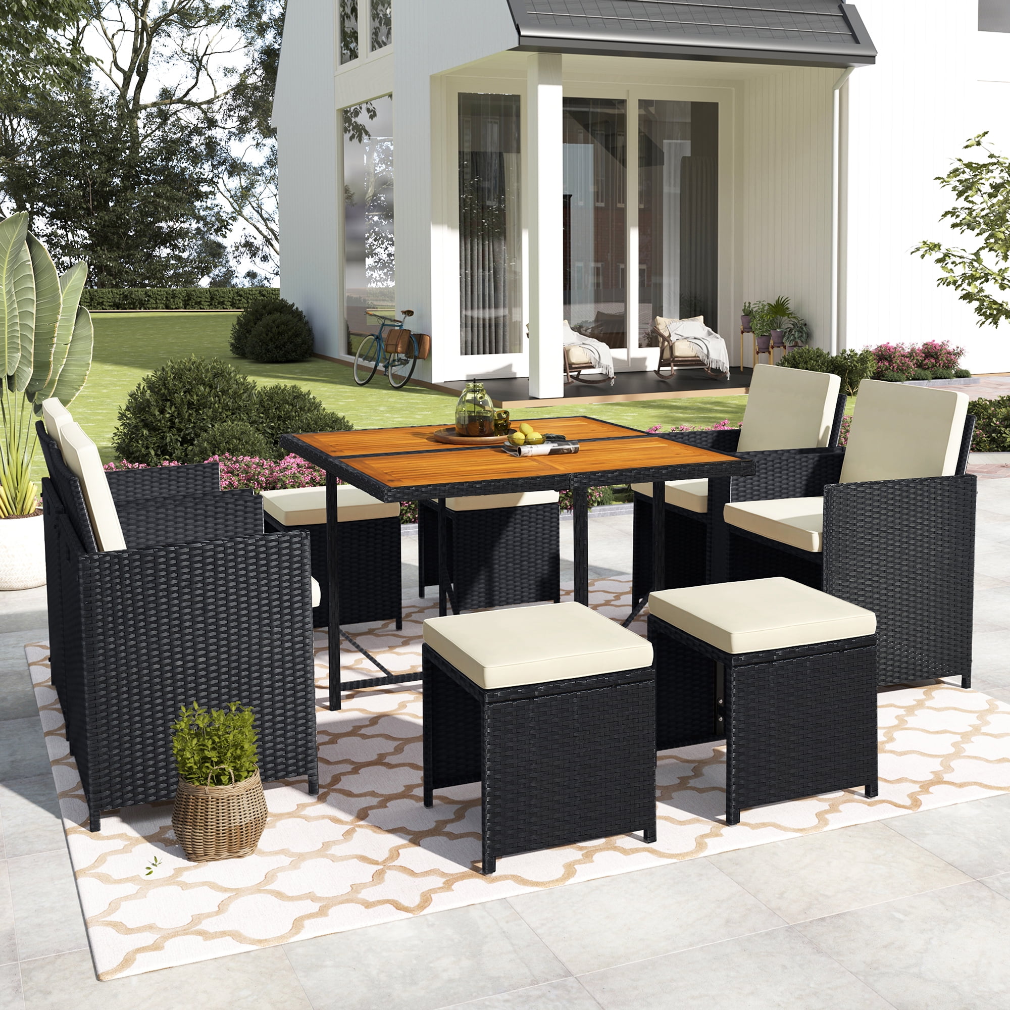 Euroco 9 Pieces Patio Dining Table Set All-Weather PE Wicker Table Set ...