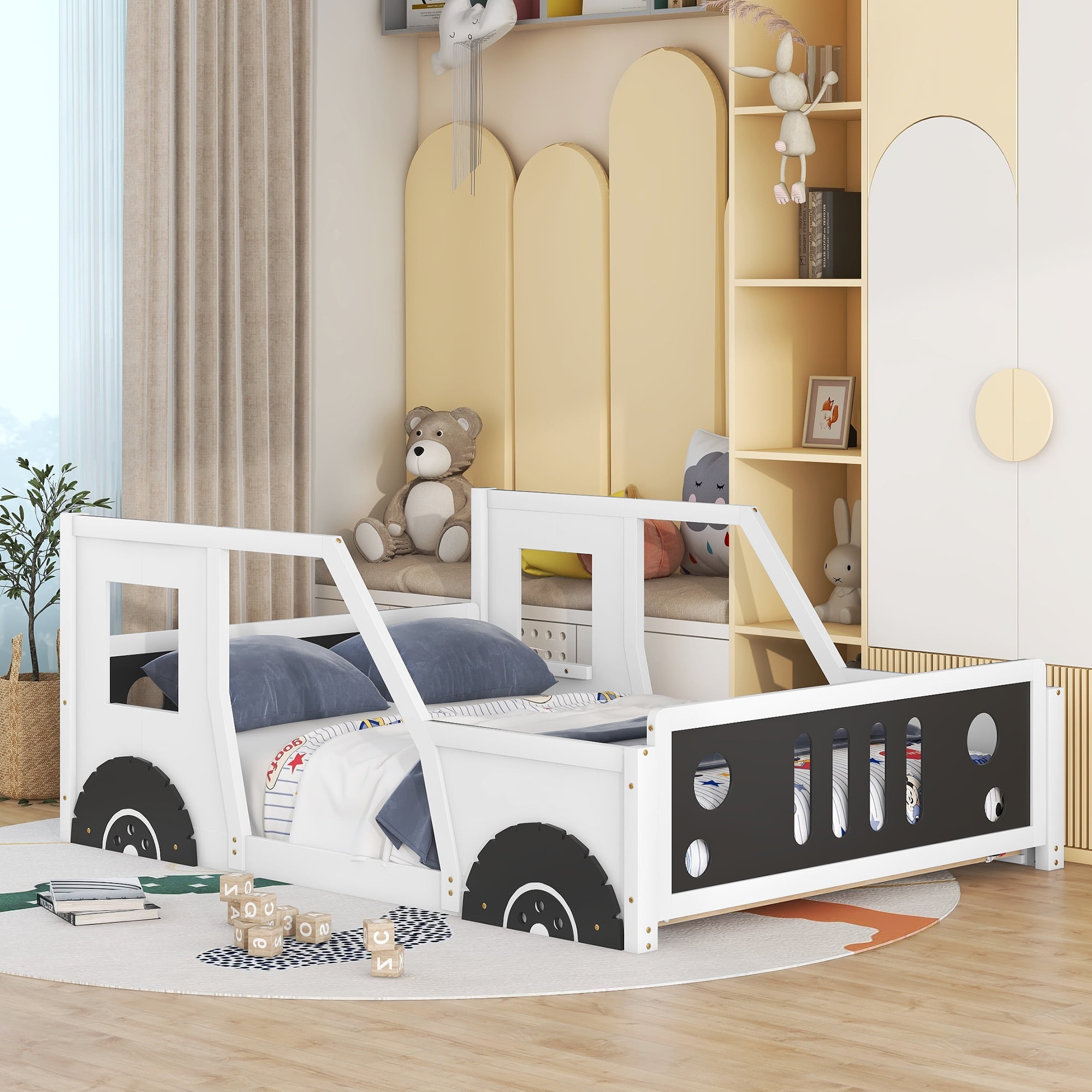 Euroco Car-Shaped Full Size Wood Platform Bed for Kids Teens Bedroom ...