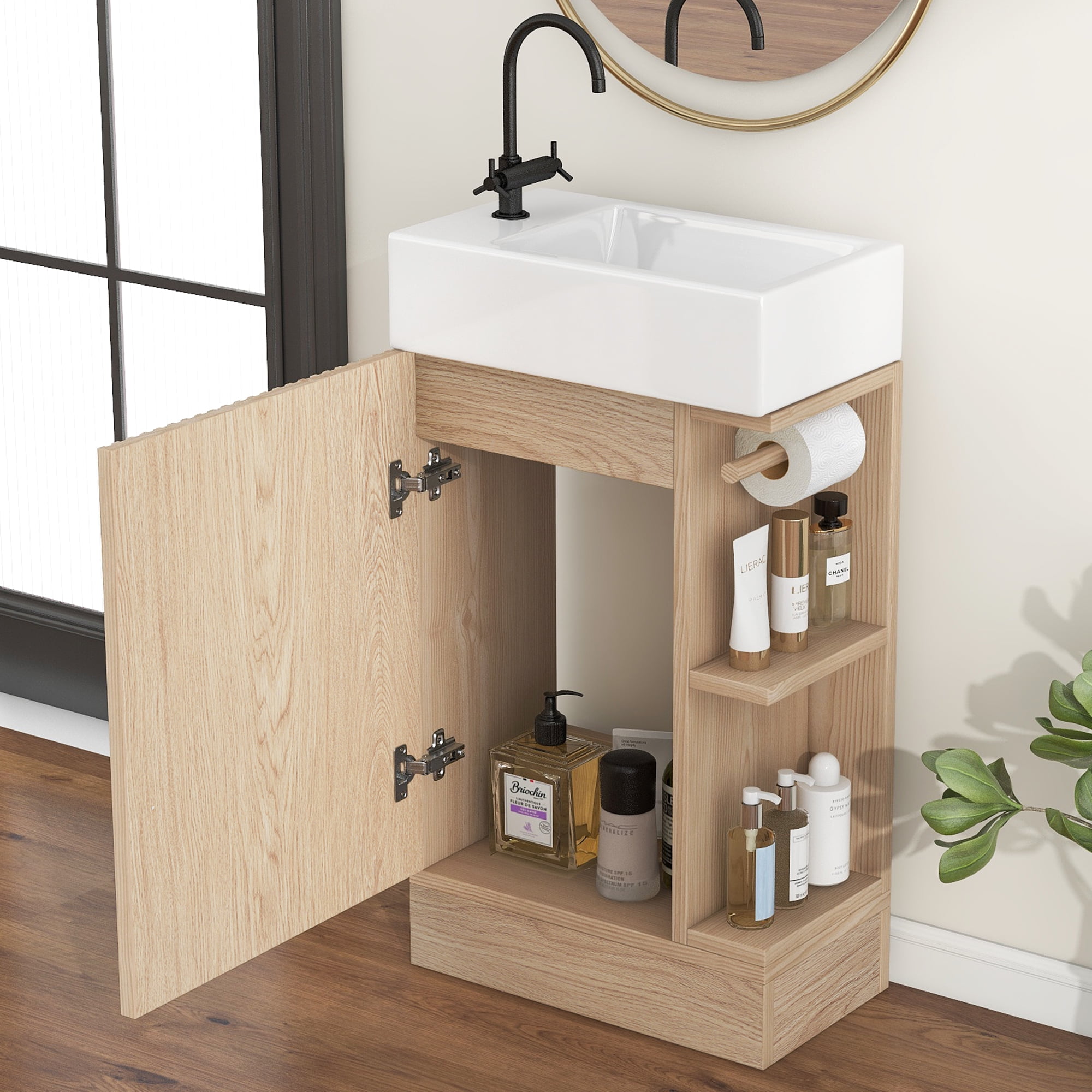Euroco Compact Bathroom Vanity with Ceramic Sink, Cabinet, Side Shelf ...