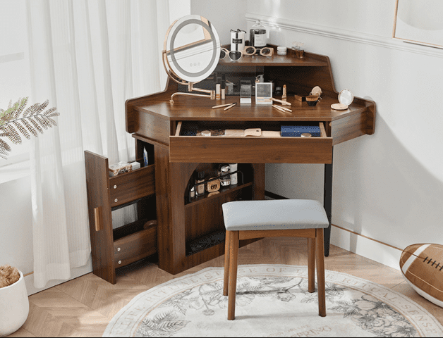Euroco Corner Makeup Vanity with Tri-Folding Lighted Mirror, Large ...