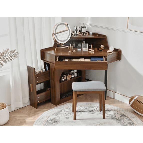 Euroco Corner Makeup Vanity with Tri-Folding Lighted Mirror, Large ...