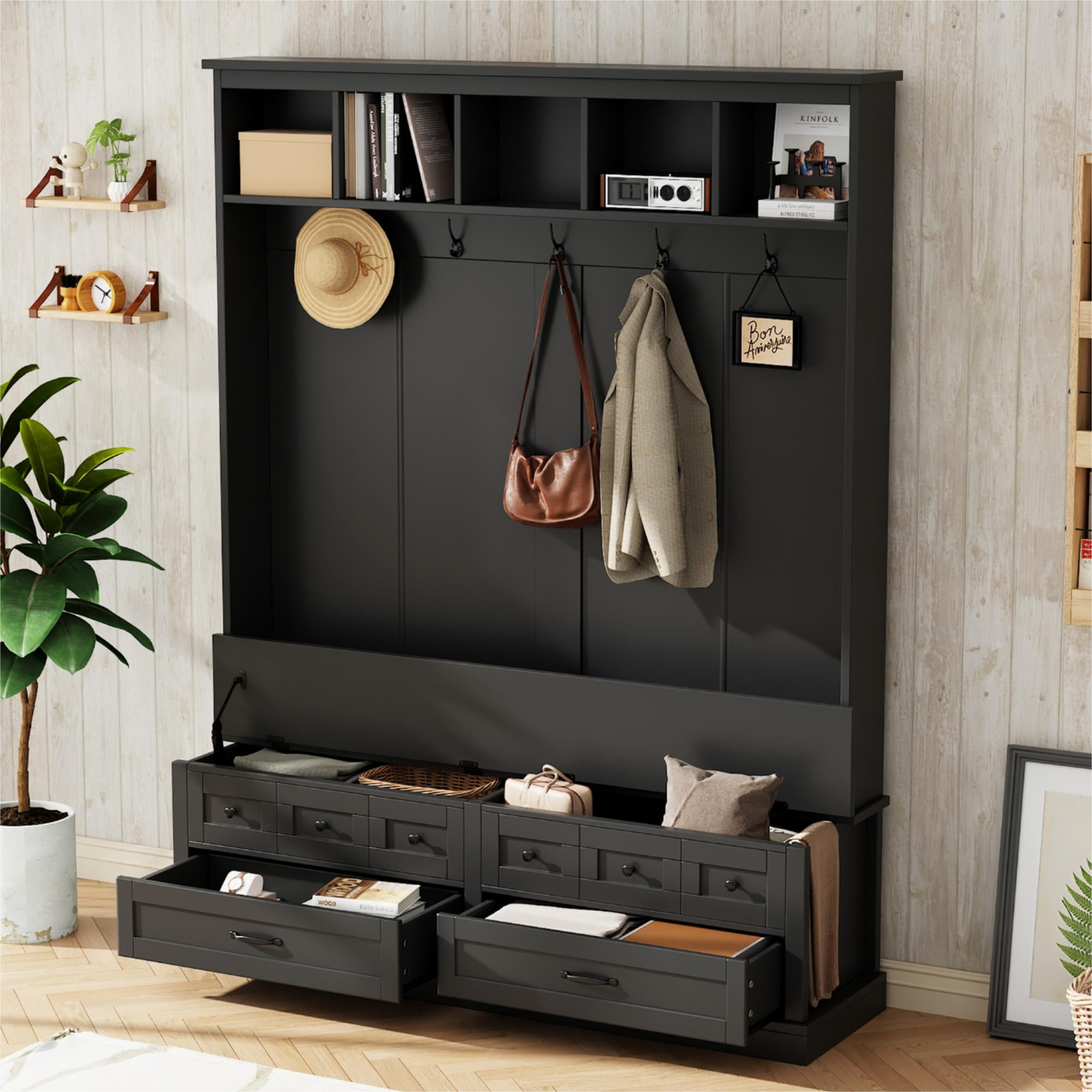 Euroco Elegant Wide Hall Tree with 5 Hooks, Lift-Top Storage Bench with ...