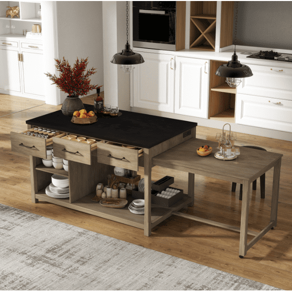 Euroco Expandable Retro Kitchen Island with Hidden Countertop Extension ...