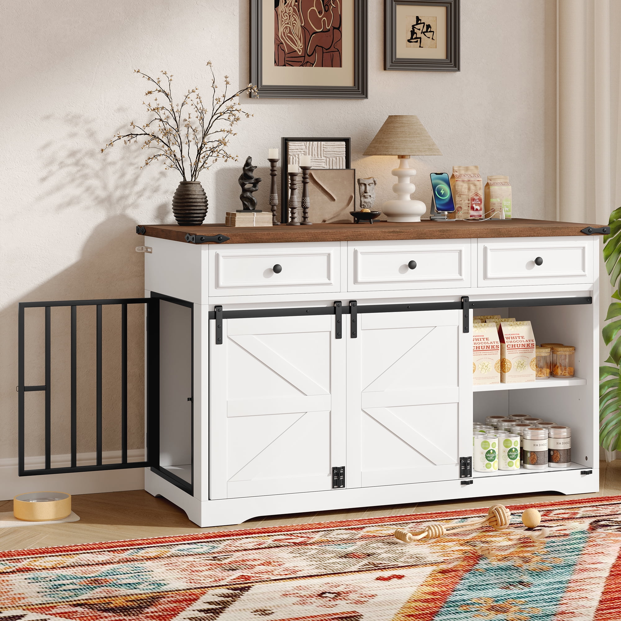 Euroco Farmhouse Dog Crate Furniture with Sliding Barn Door, 3 Drawers ...