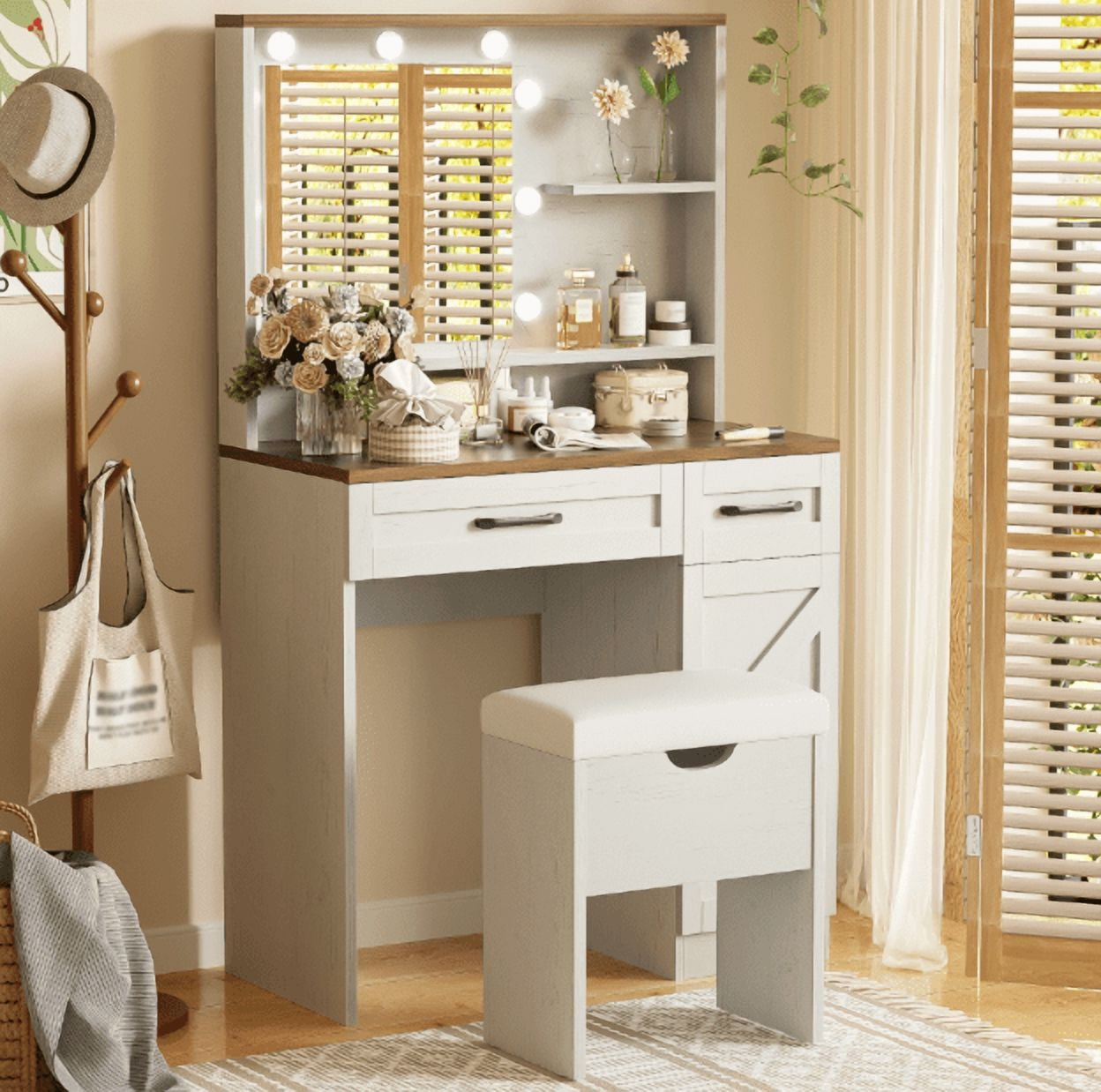 Euroco Farmhouse Vanity Desk with Hollywood Mirror, Adjustable LED ...