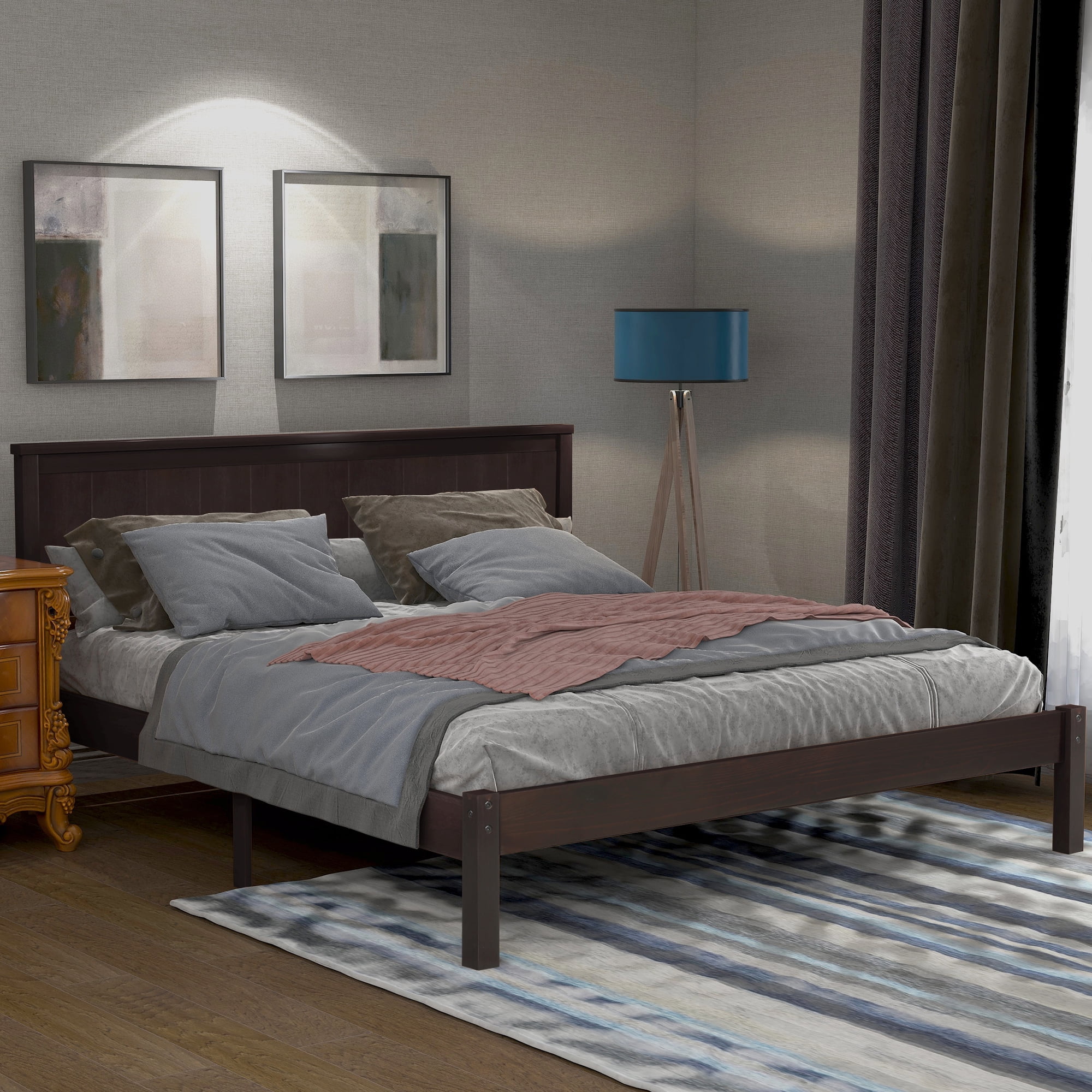 Euroco Full Platform Bed Wood Frame with Headboard and Footboard ...