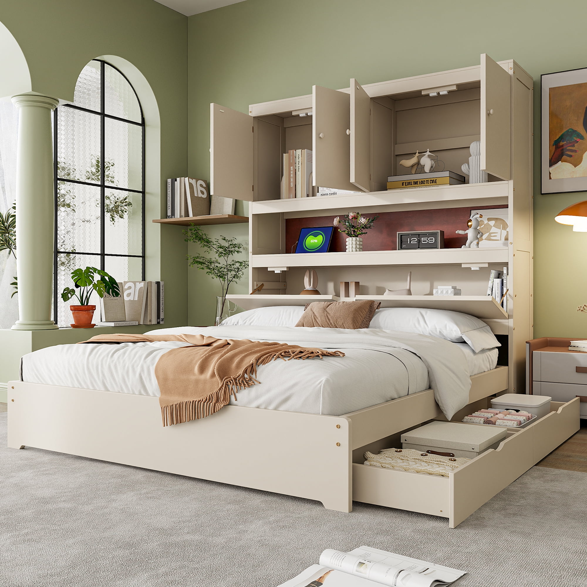 Euroco Full Size Platform Bed with Stoage Headboard and Drawers, Wood ...