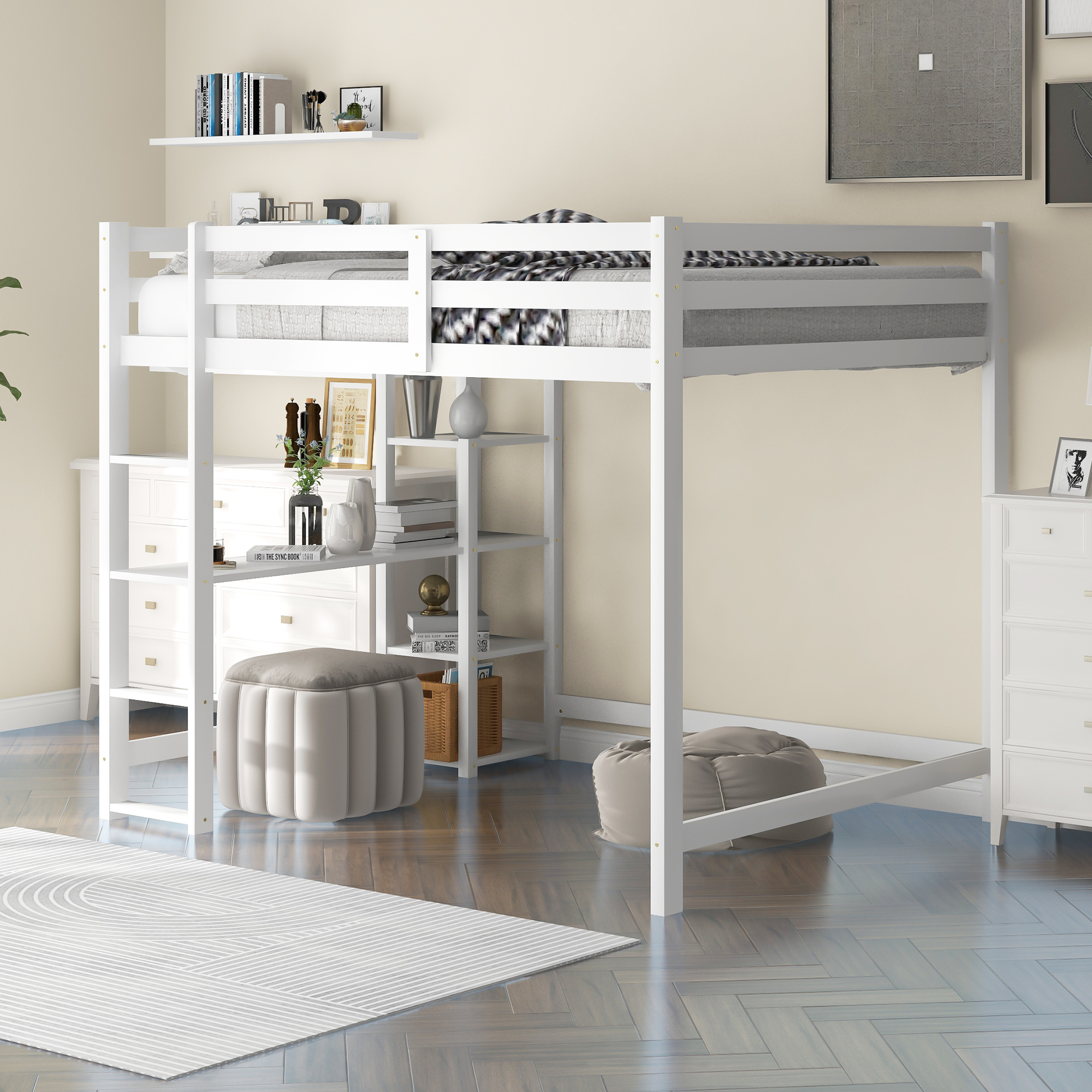 Bellemave Full Size Loft Bed with Desk, Stairs, and Storage Shelves for ...