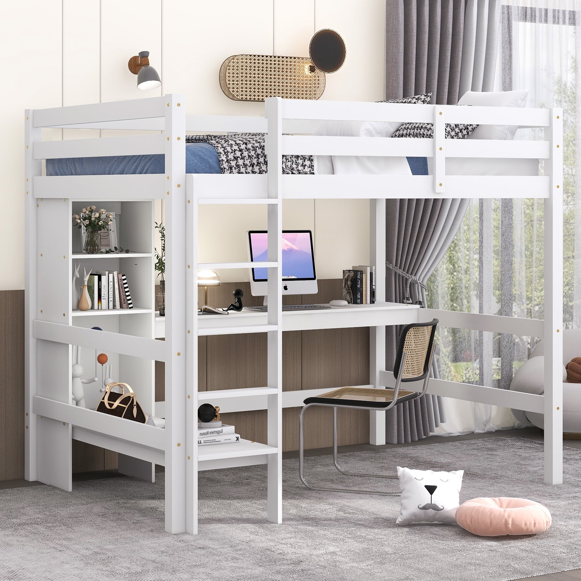Euroco Full Size Loft Bed with Desk, Shelves, Bench and Storage for ...