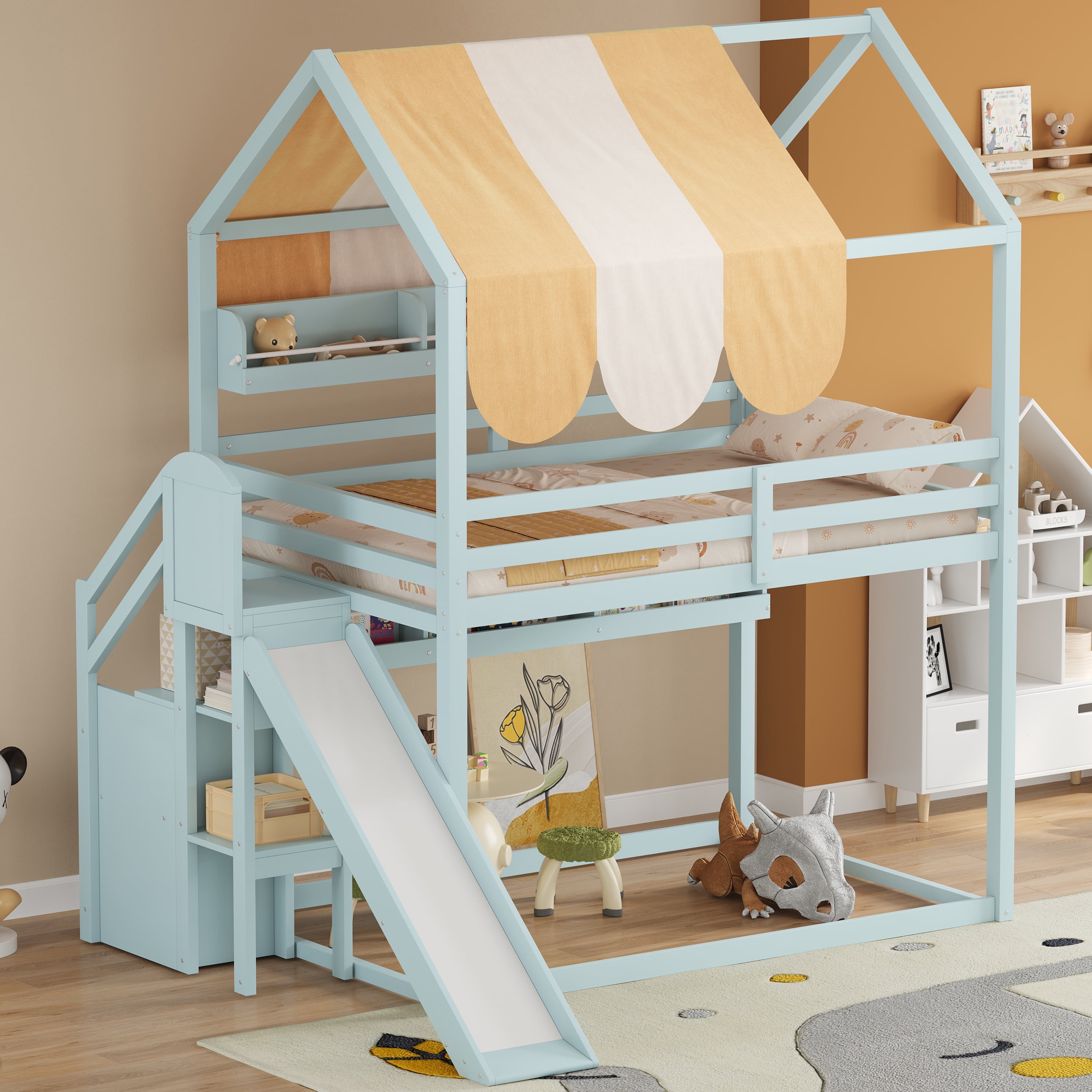 Euroco Full Size Loft Bed with Slide, House Bed with Canopy and ...