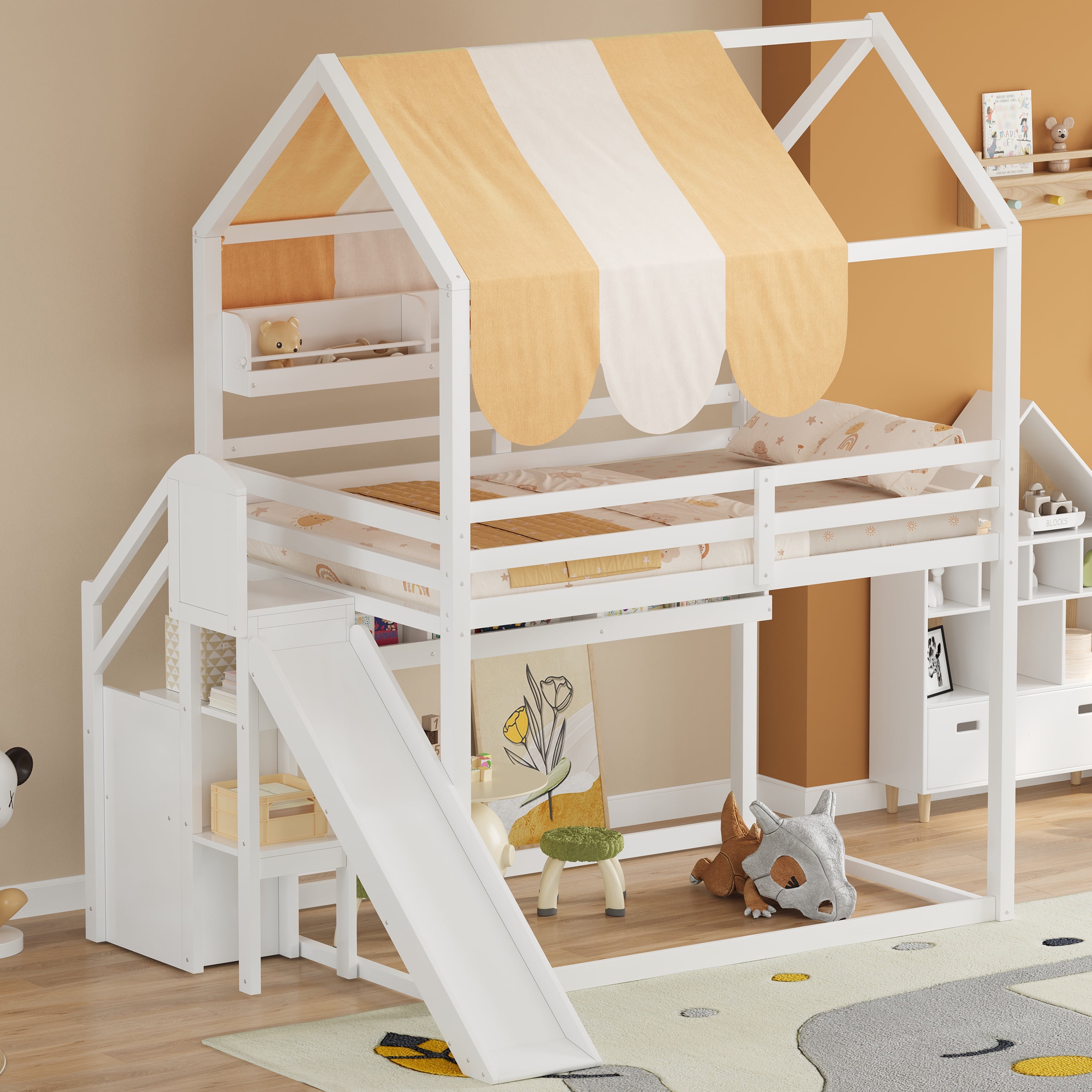 Euroco Full Size Loft Bed with Slide, House Bed with Canopy and ...