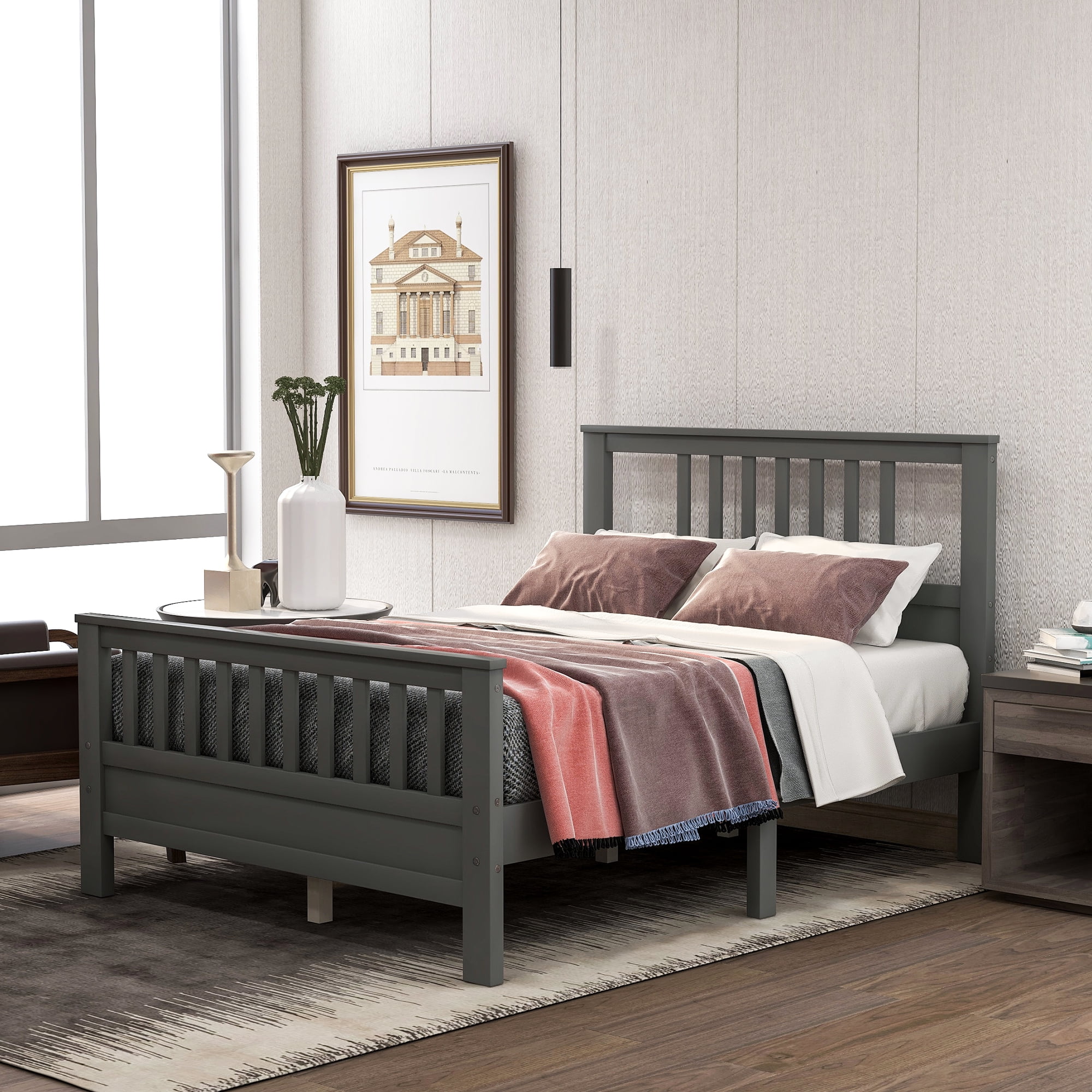 Euroco Full Size Wooden Platform Bed With Panel Headboard And Footboard