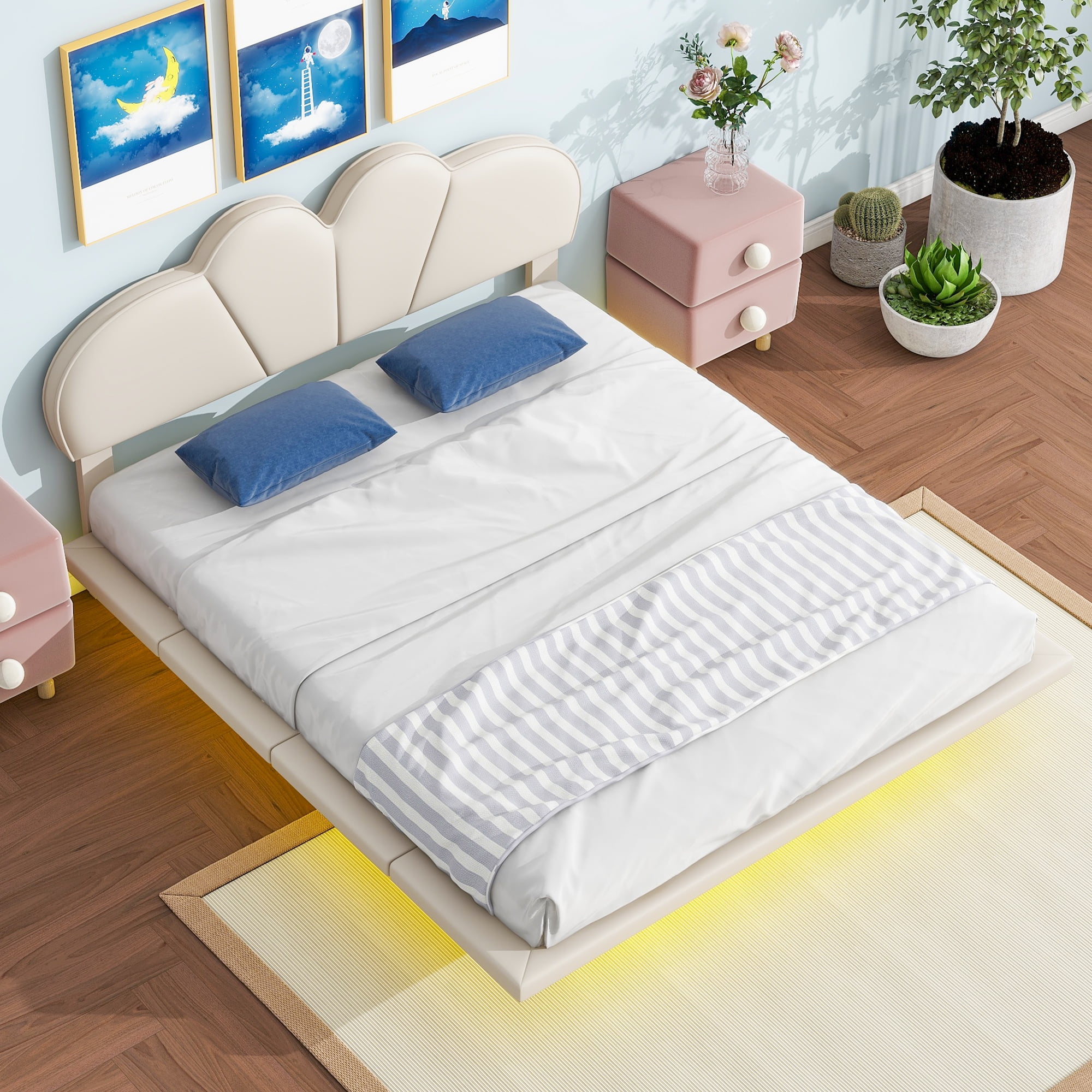 Euroco Full Size Upholstery Floating Bed with LED Lights, PU Leather ...