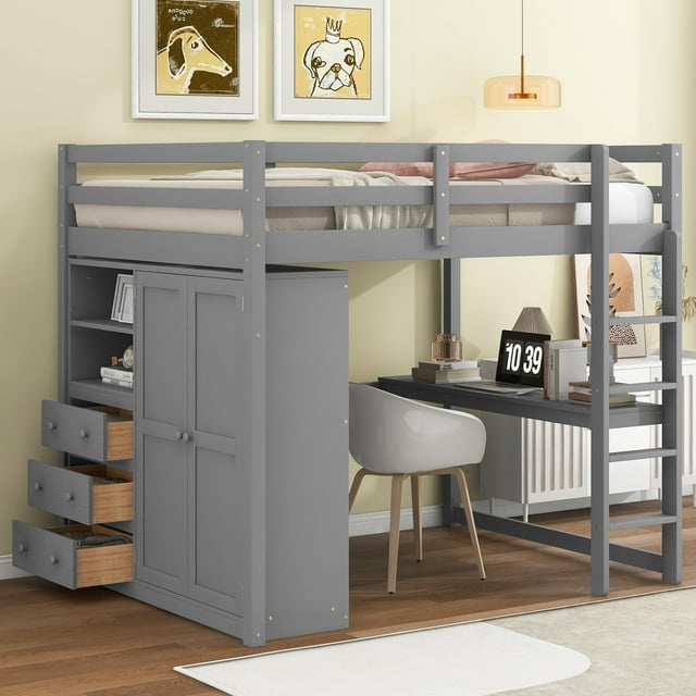 Free Shipping! Euroco Full Size Wood Loft Bed with Desks, 3 Drawers, 2 ...