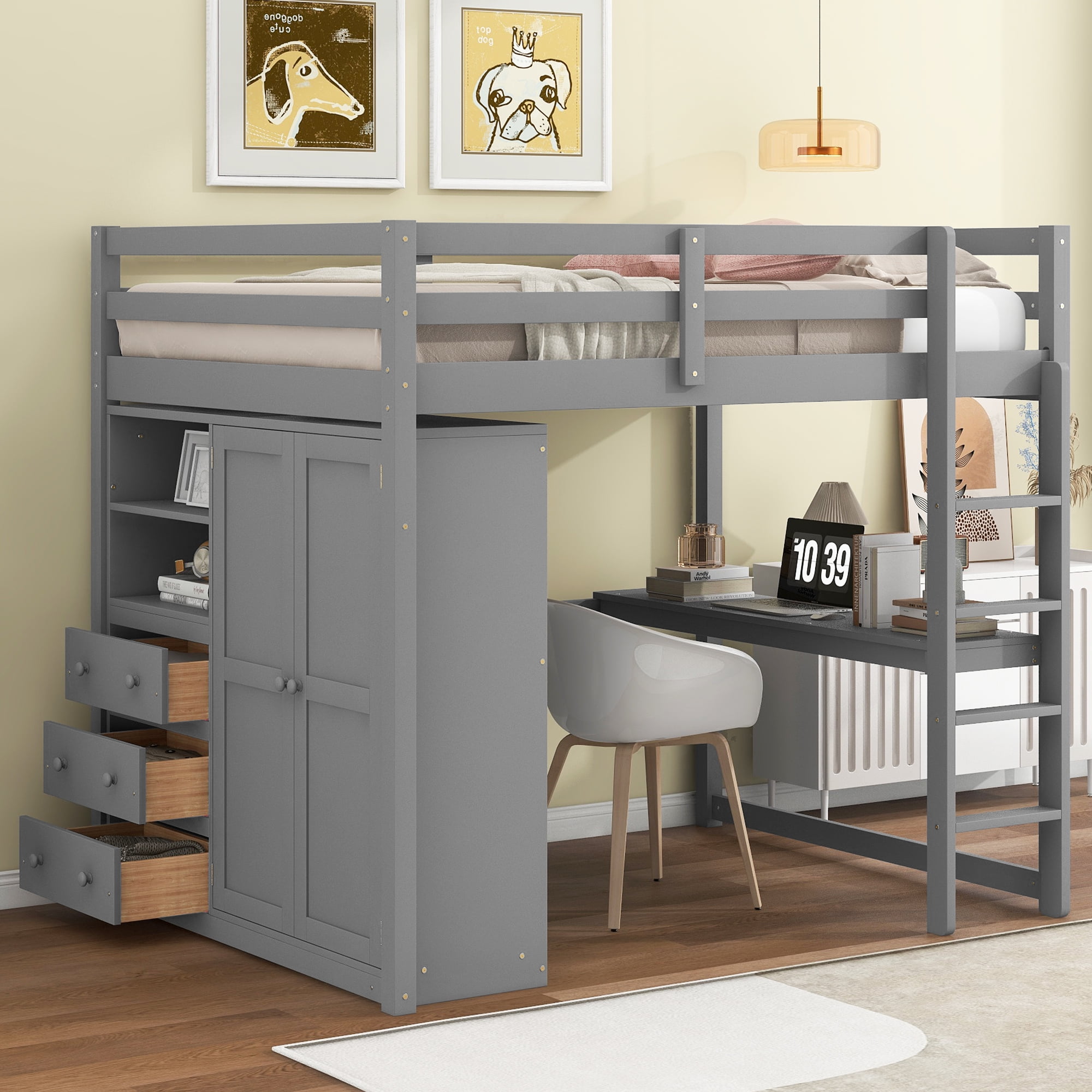 Free Shipping! Euroco Full Size Wood Loft Bed with Desks, 3 Drawers, 2 ...