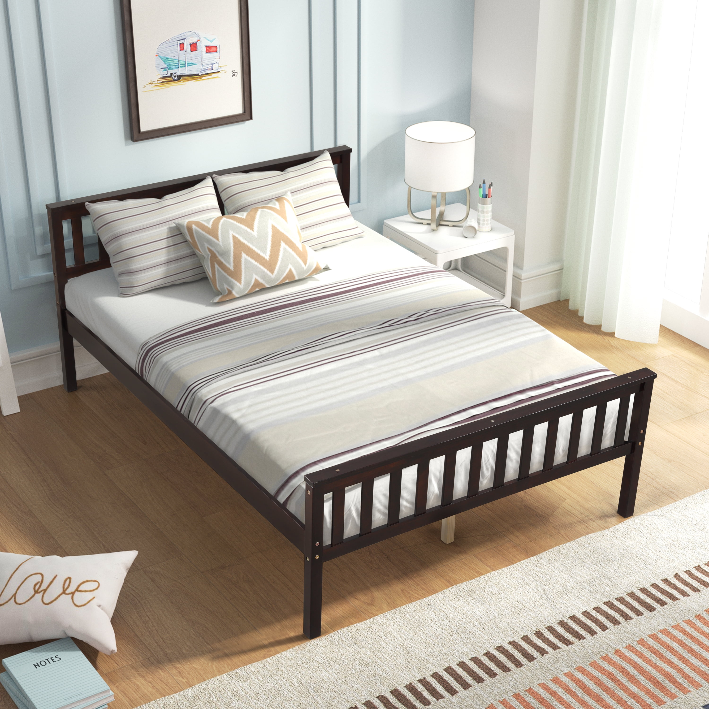 Euroco Full Size Wood Platform Bed With Headboard For Bedroom Espresso