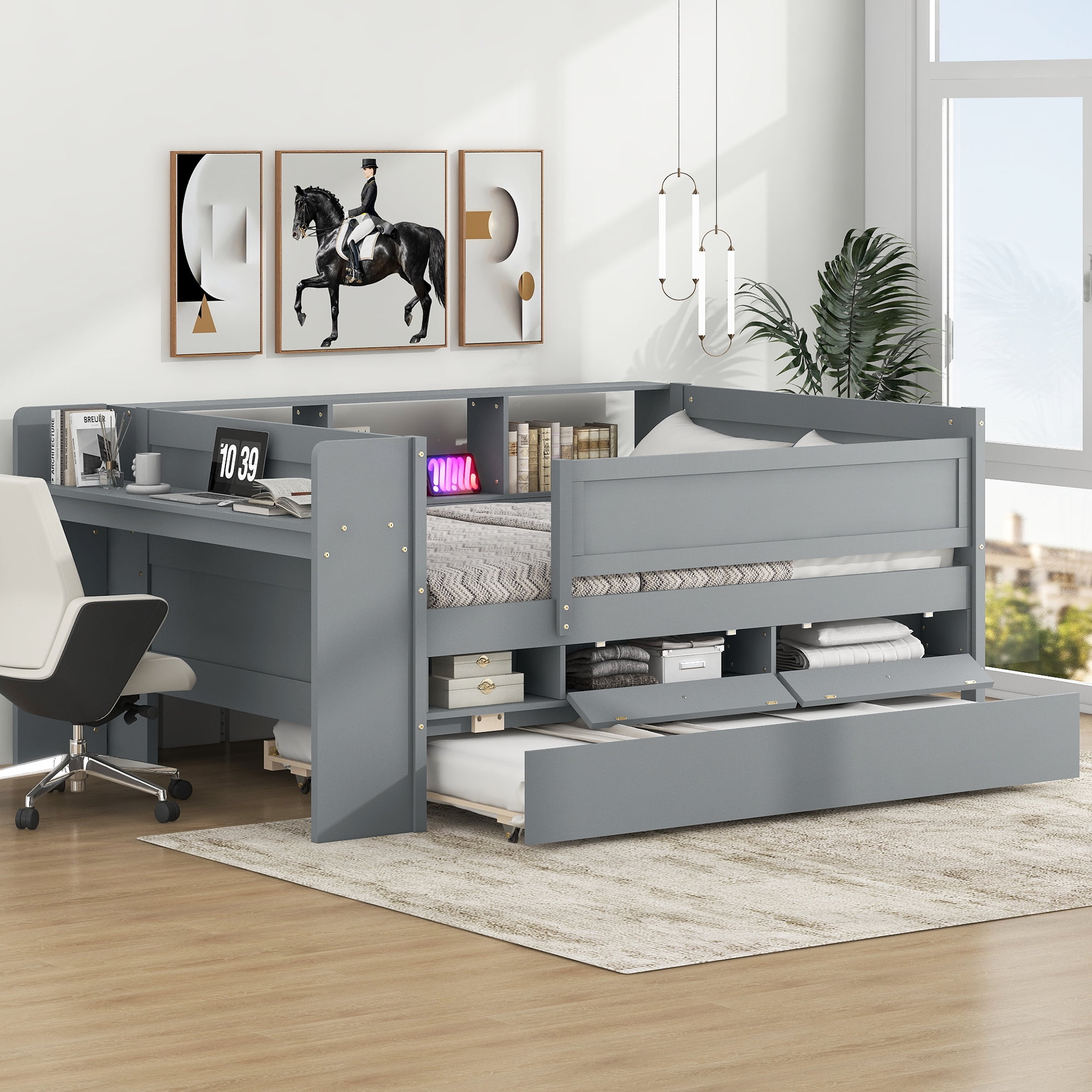 Euroco Functional Twin Size Daybed with Desk and Trundle, Gray ...