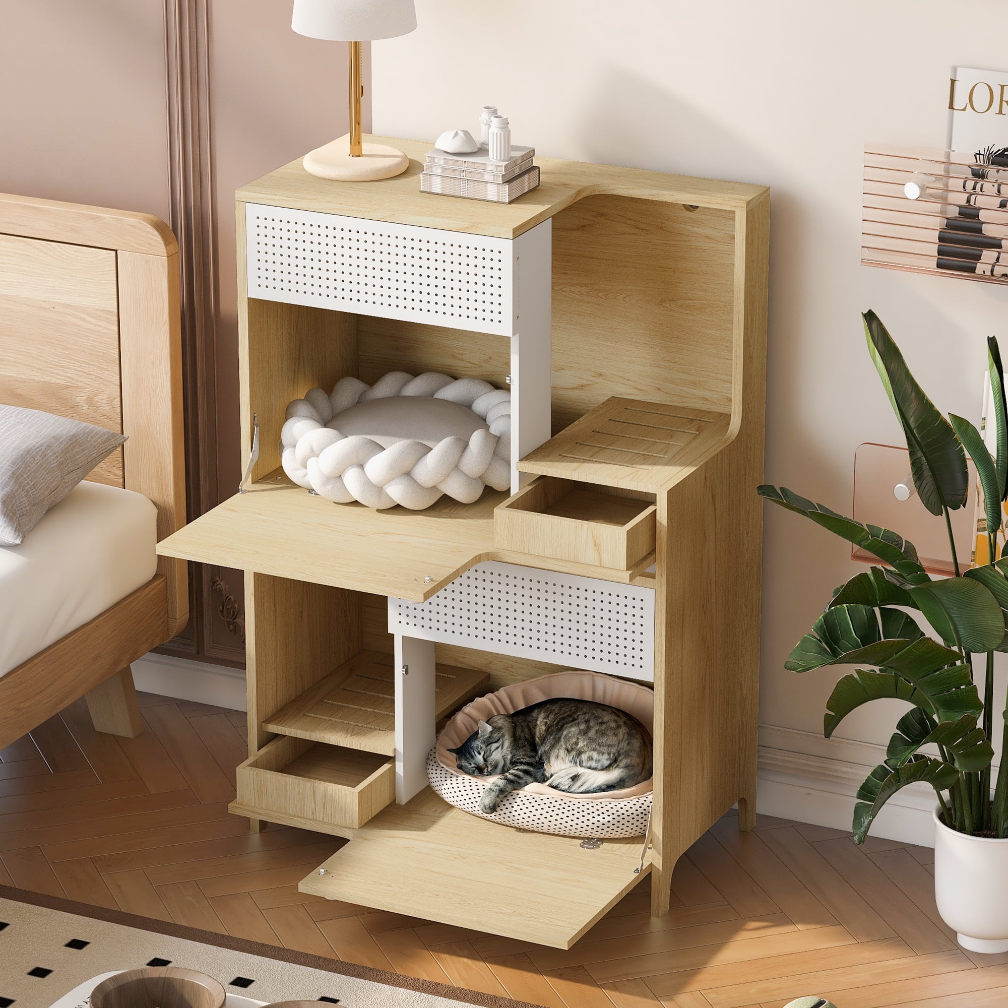 Euroco Furniture Style Multi-Use Natural Cat Litter Box House with 2 ...