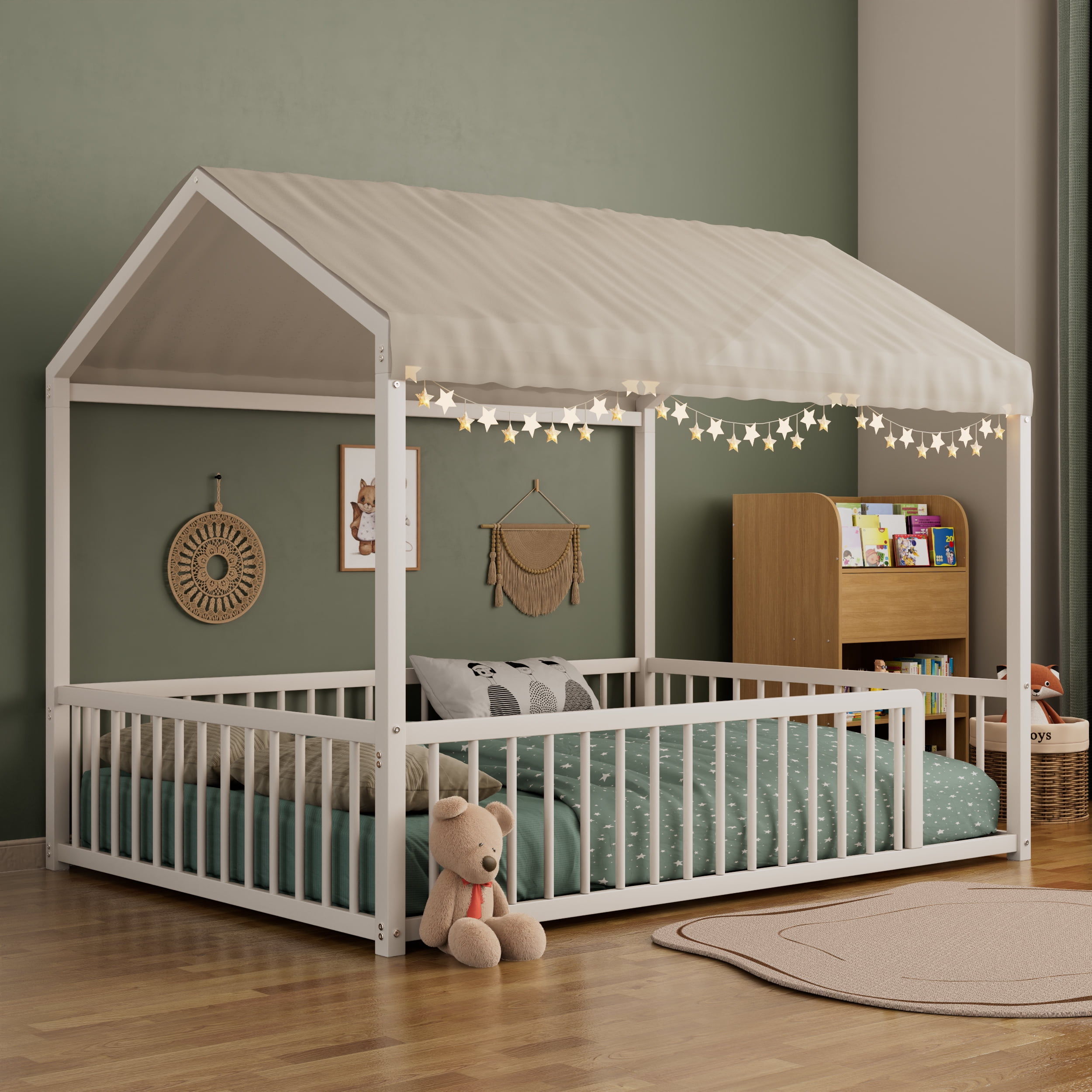 Euroco Metal Full Size Canopy Bed, Low Profile House Bed with ...