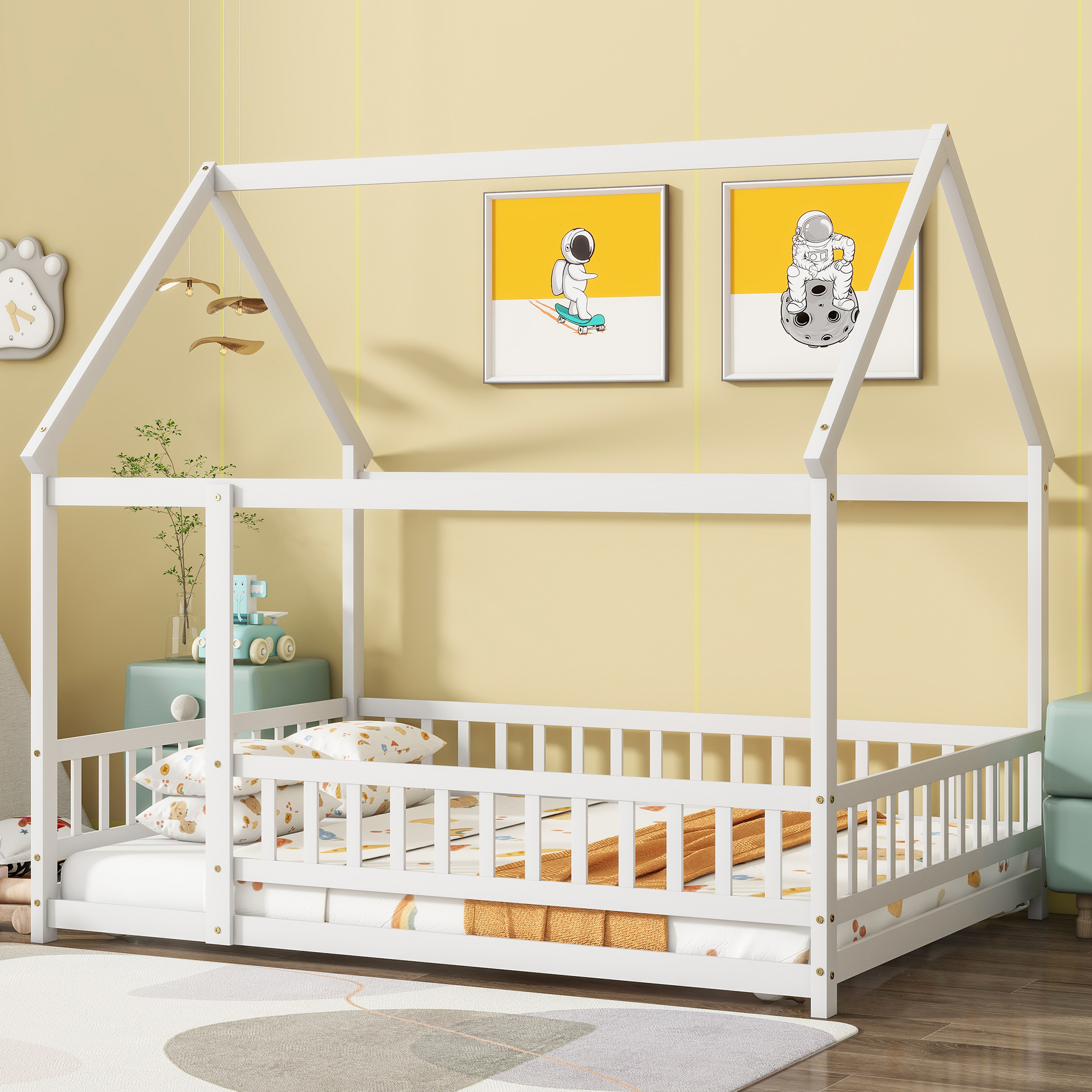 Euroco Wood Full Size House Bed, Platform Bed with Roof and Guardrails ...