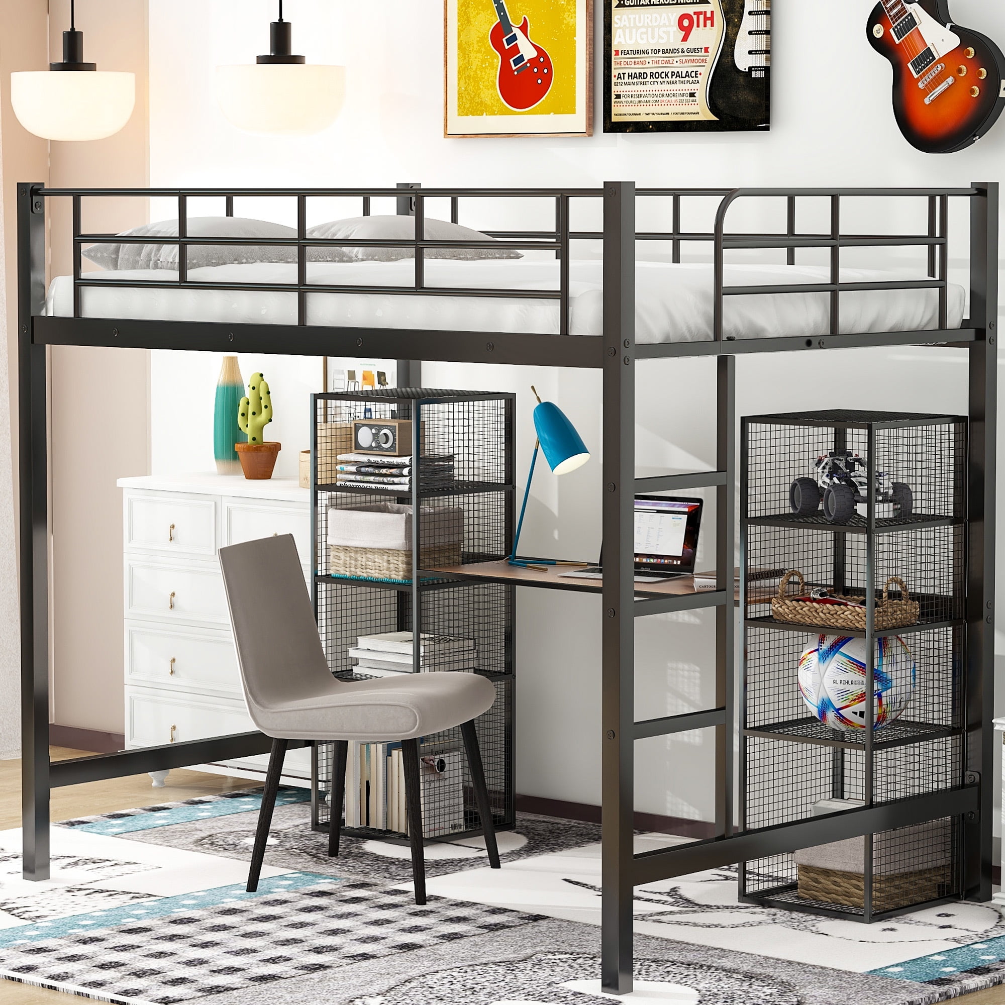 Euroco Modern Metal Full Size Loft Bed with 2 Shelves and Desk, Black ...