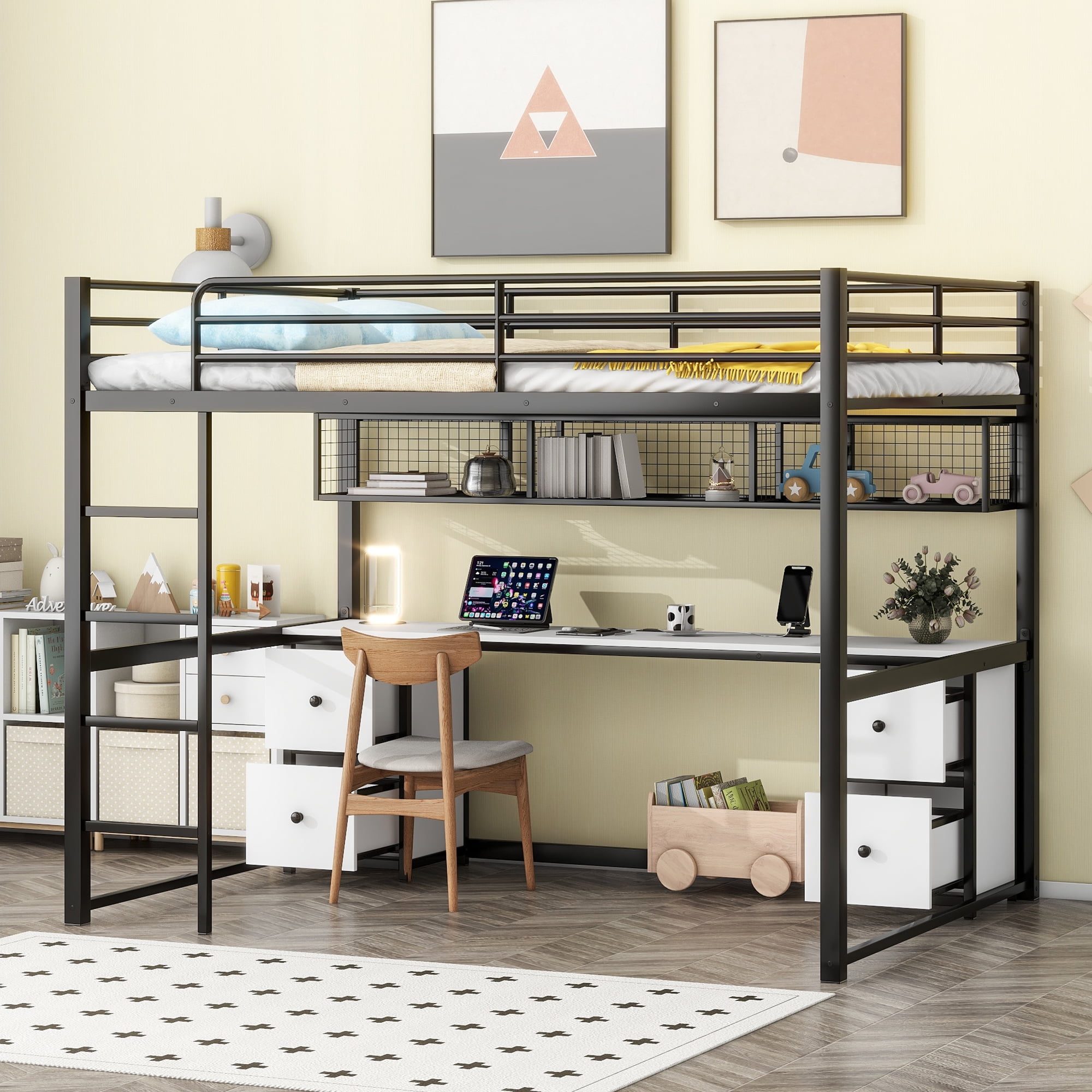 Euroco Metal Full Size High Loft Bed with Built-in Desk, Storage Shelf ...